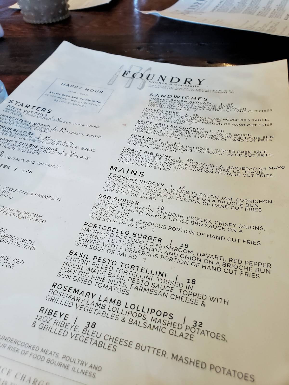 Menu at Foundry Kitchen & Cocktails pub & bar, Pullman