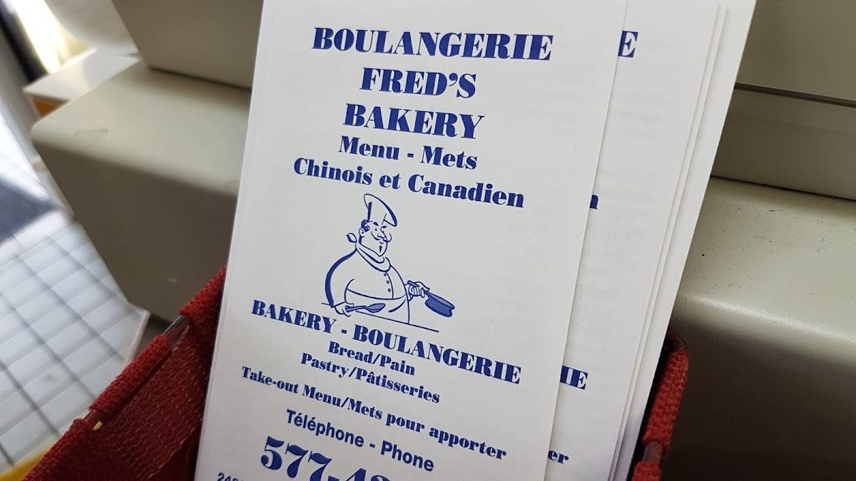 Menu at Fred's Bakery, Cap-Pele