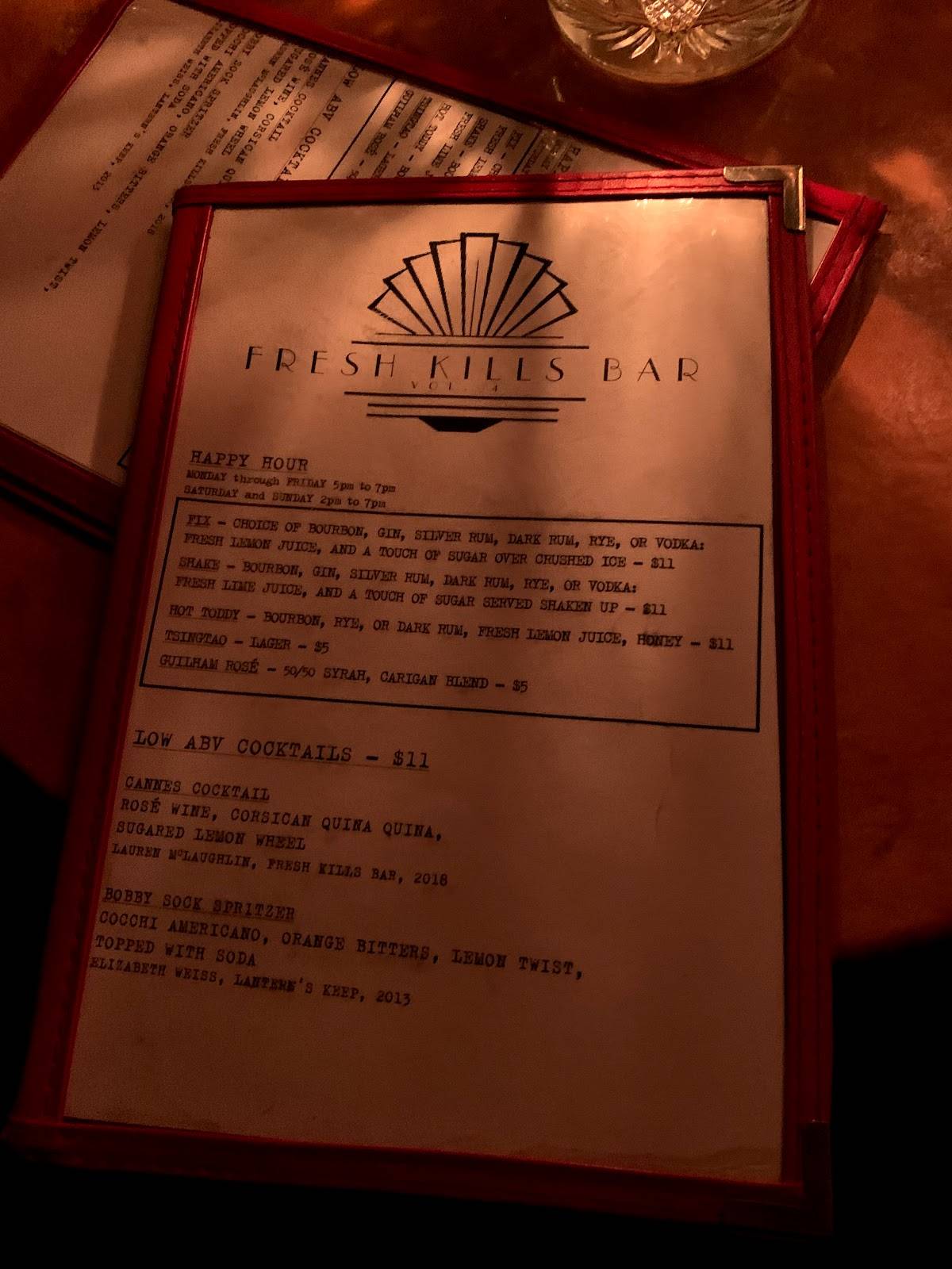 Menu at Fresh Kills Bar, New York City