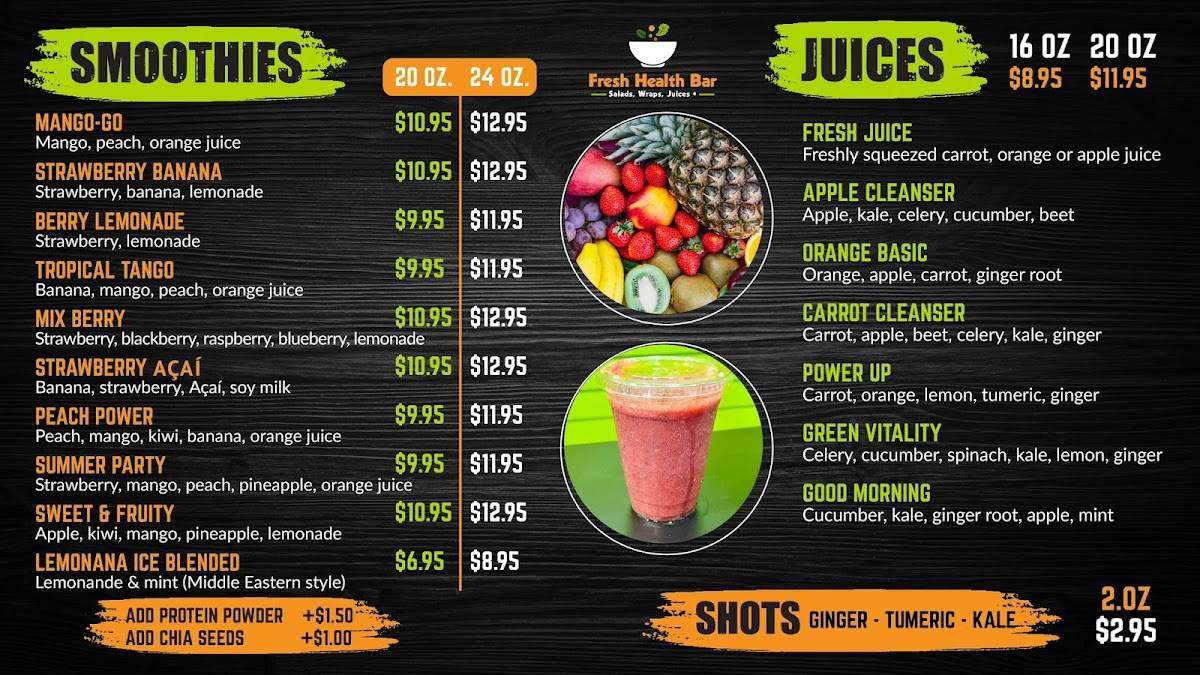 Menu at Fresh health bar, Orlando