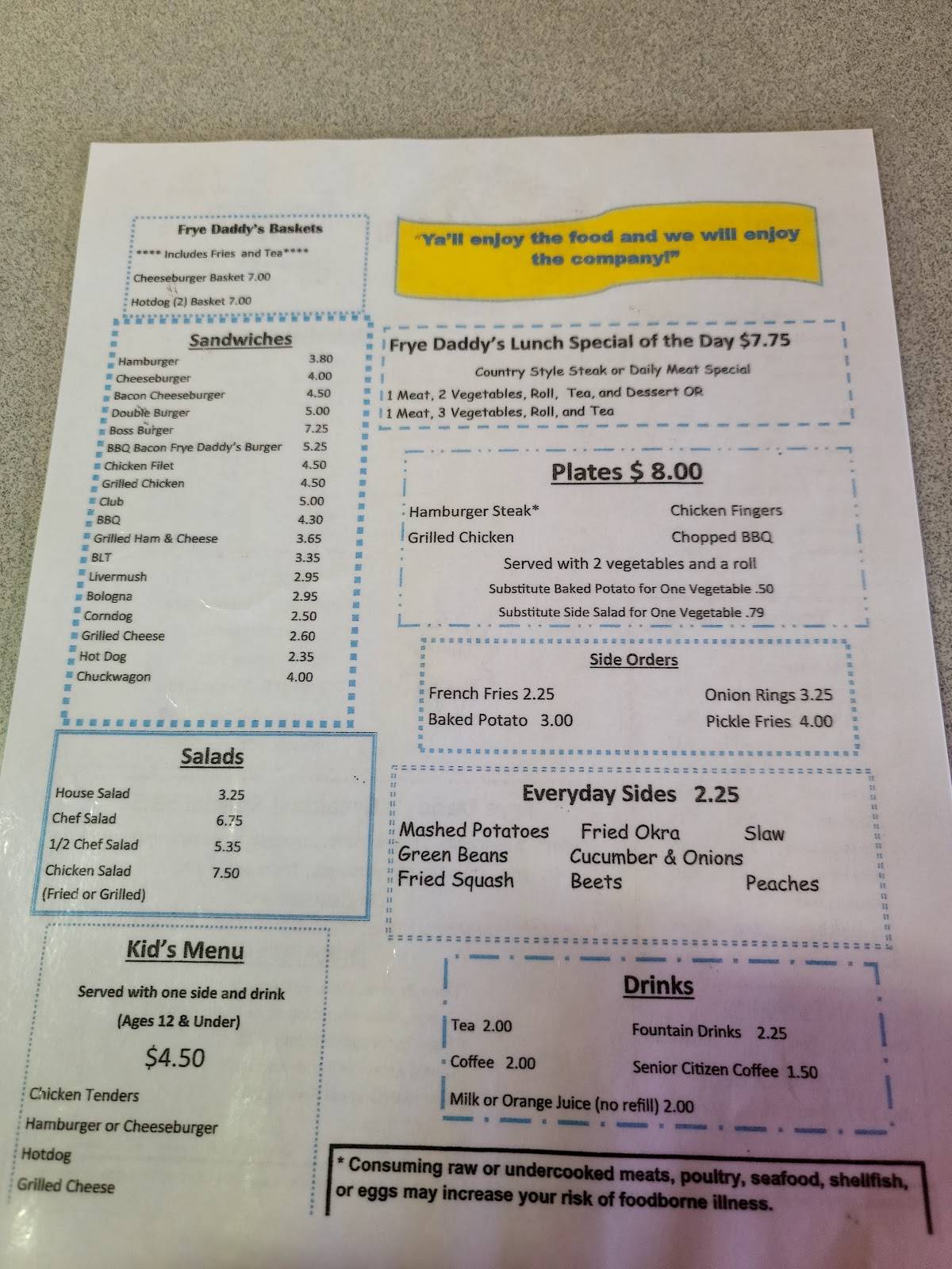 Menu at Frye Daddy's Diner, Hildebran