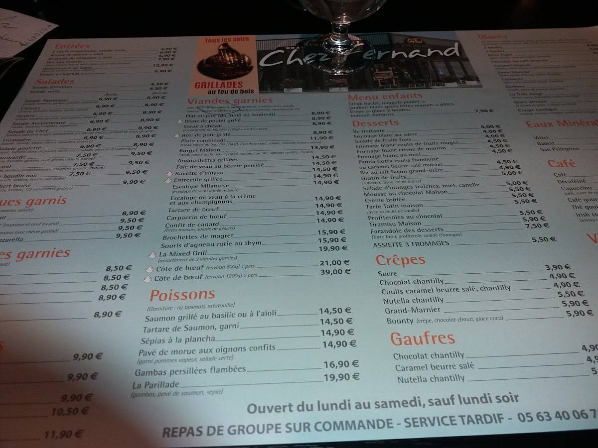 Menu au Chez Fernand restaurant, Gaillac, Rte de Saurs