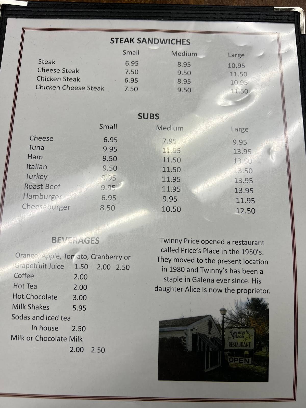Menu at Twinny's Place restaurant, Galena