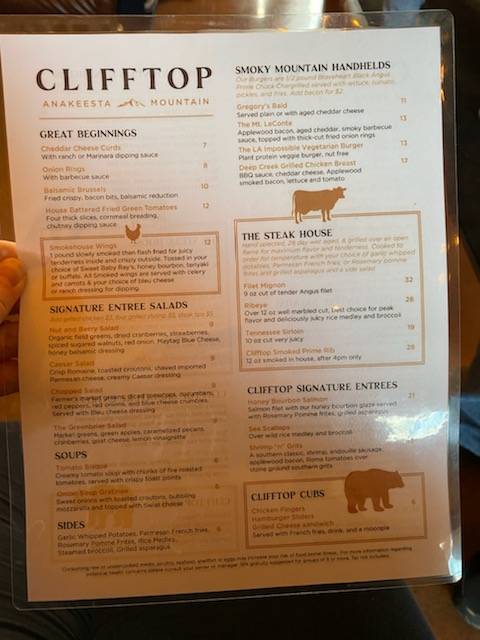 Menu at Cliff Top Restaurant at Anakeesta, Gatlinburg