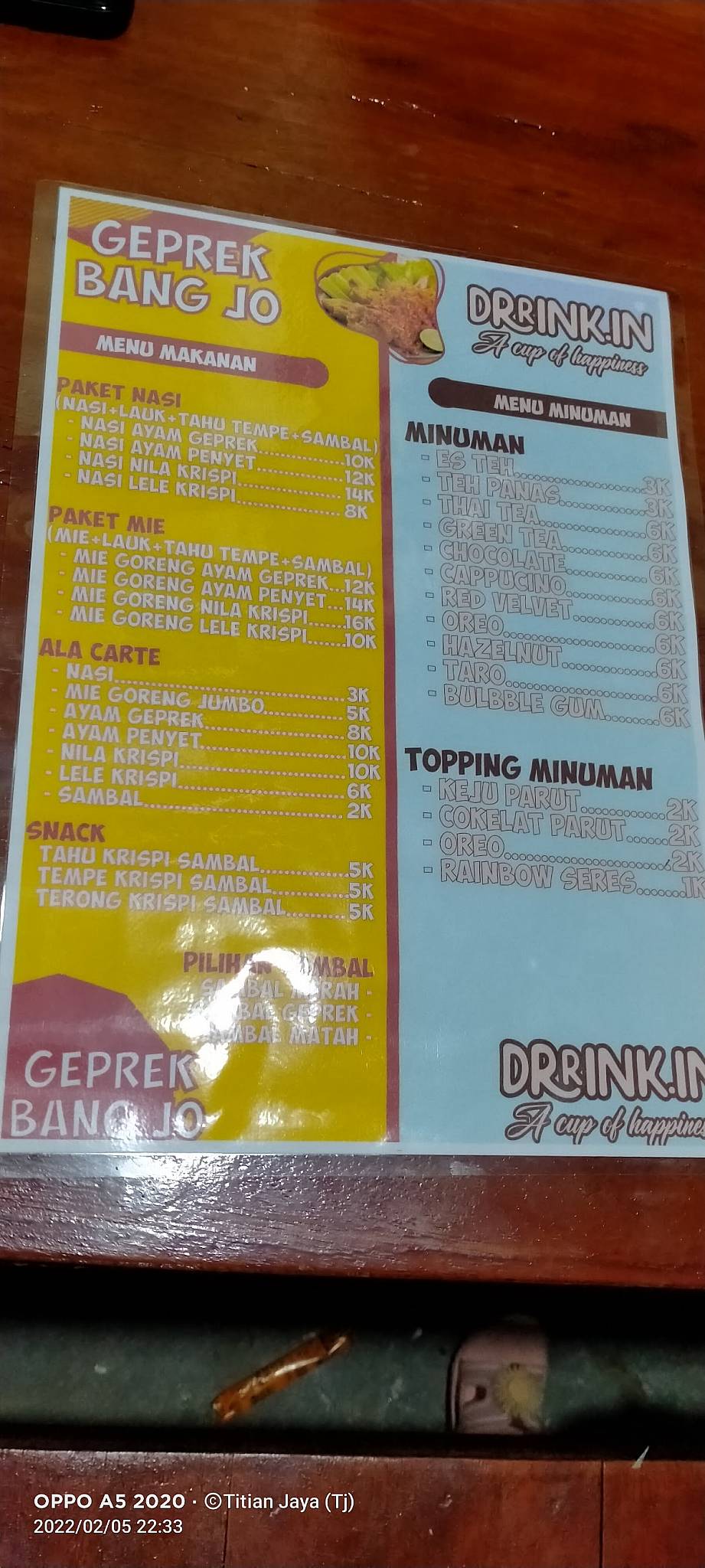 Carta del restaurante Geprek Bang Jo, Jatimulyo