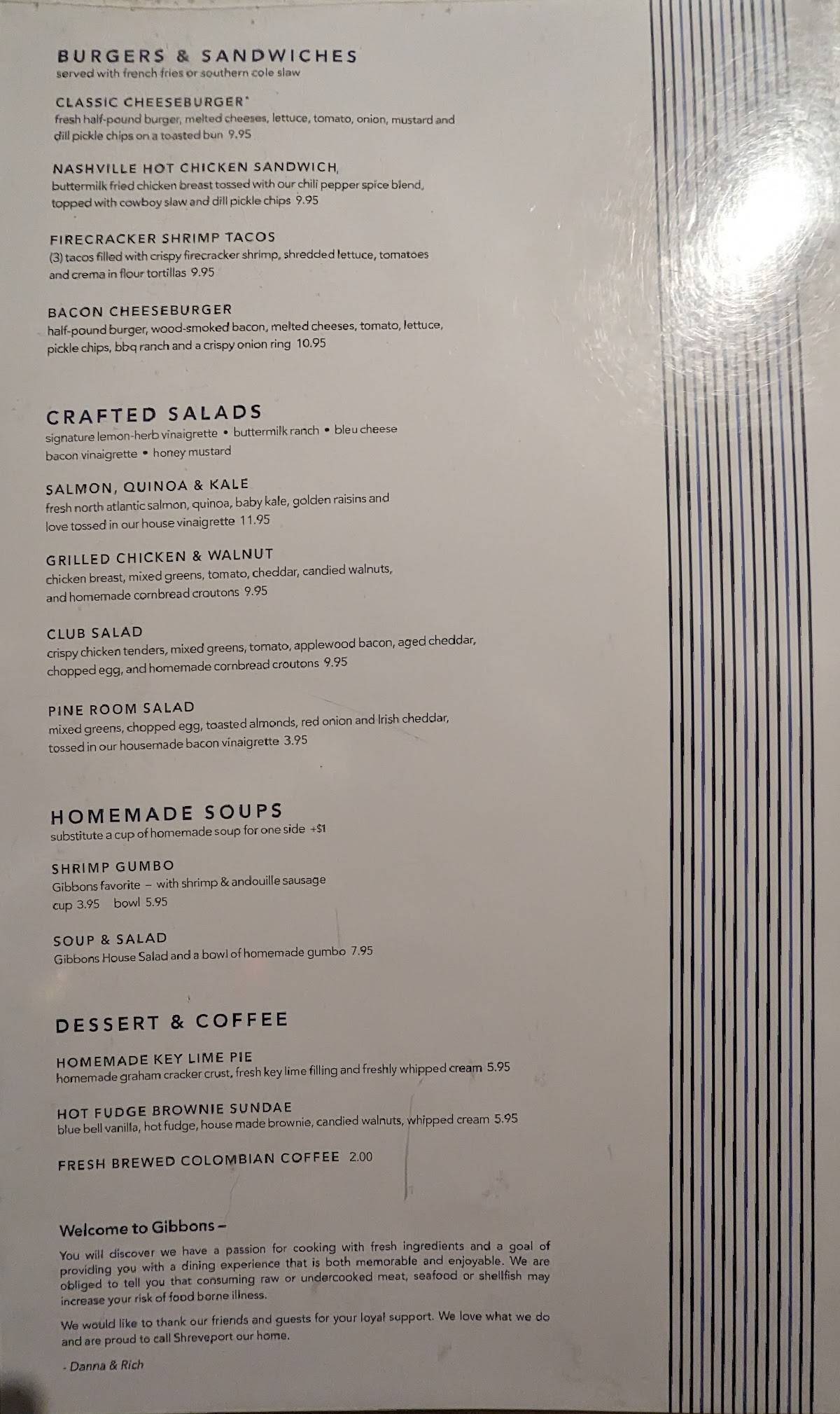 Menu at Gibbons Fine Grill restaurant, Shreveport