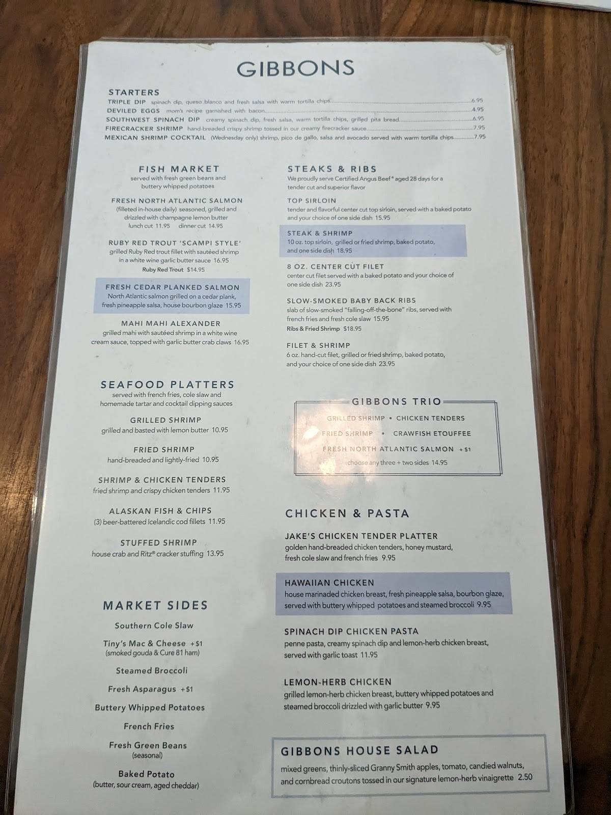 Menu at Gibbons Fine Grill restaurant, Shreveport