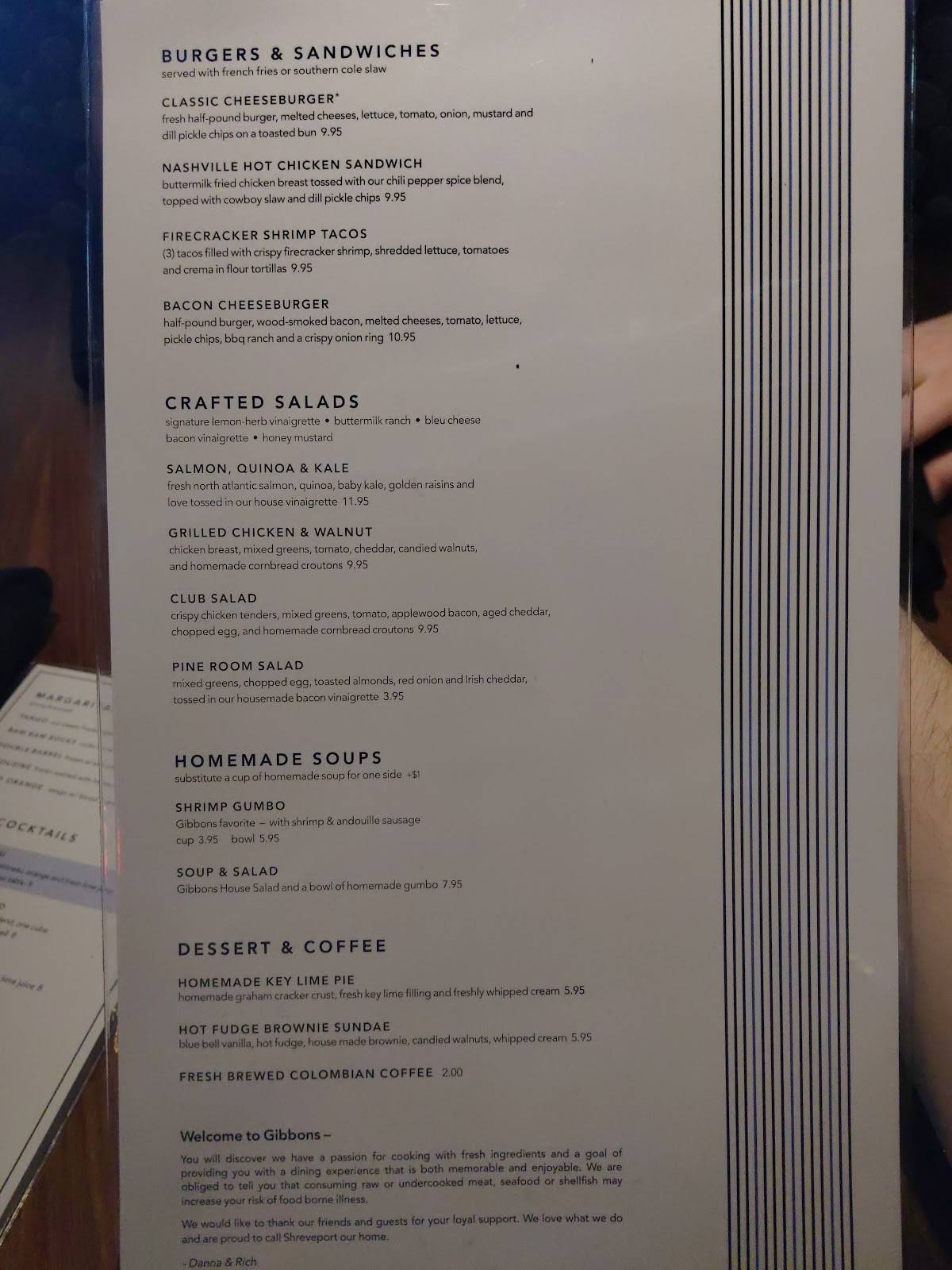 Menu at Gibbons Fine Grill restaurant, Shreveport