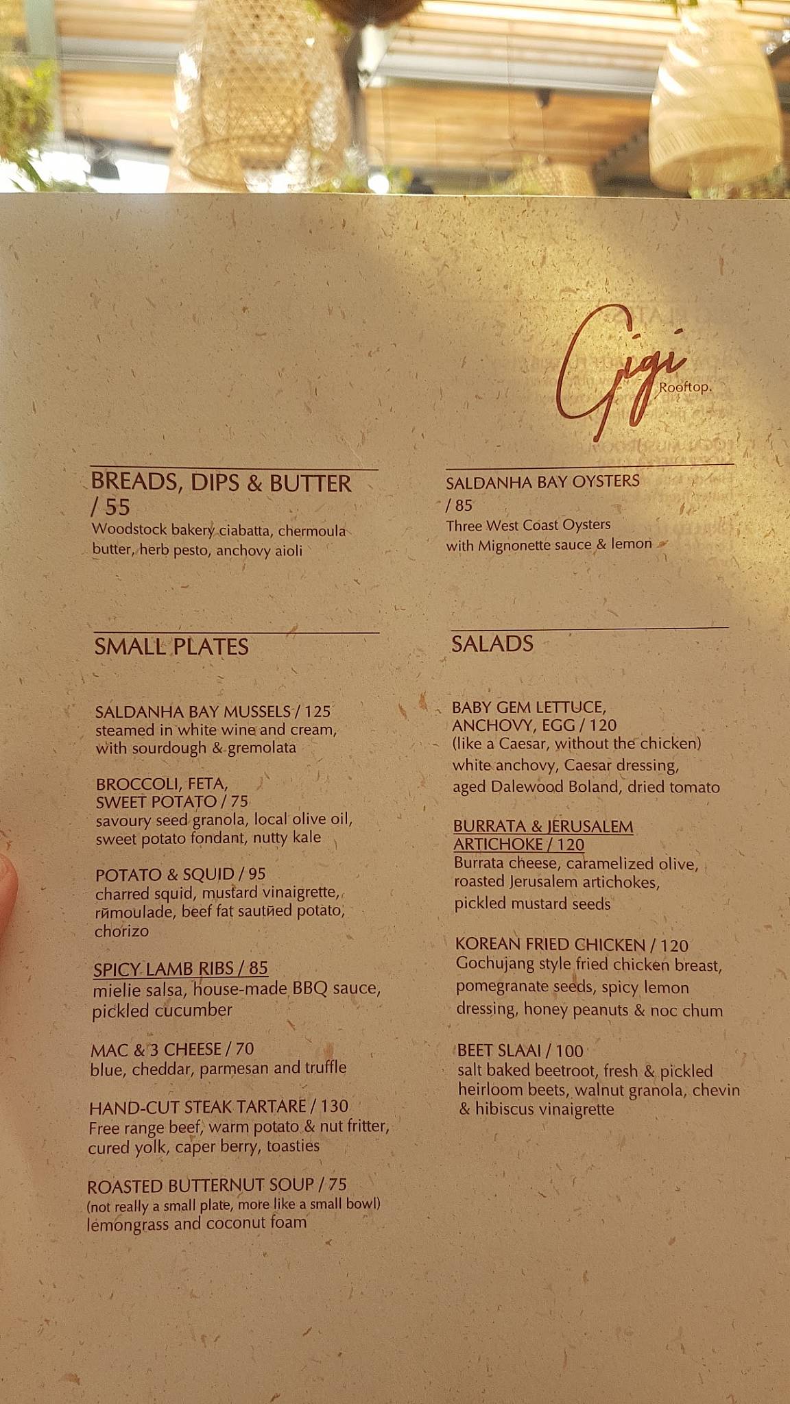 Menu at Gigi Rooftop Restaurant & Bar at the Gorgeous George Hotel ...