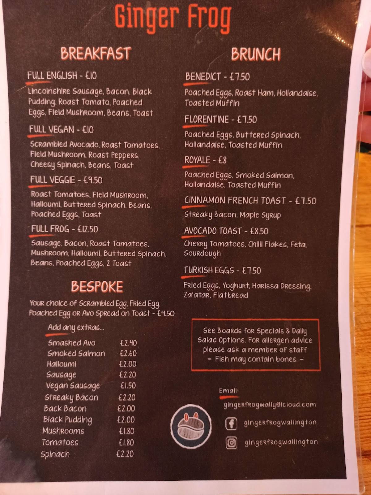 Menu at Ginger Frog cafe, Wallington