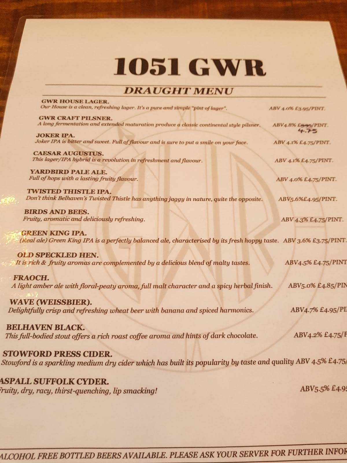 Menu at 1051 GWR restaurant, Glasgow, Great Western Rd