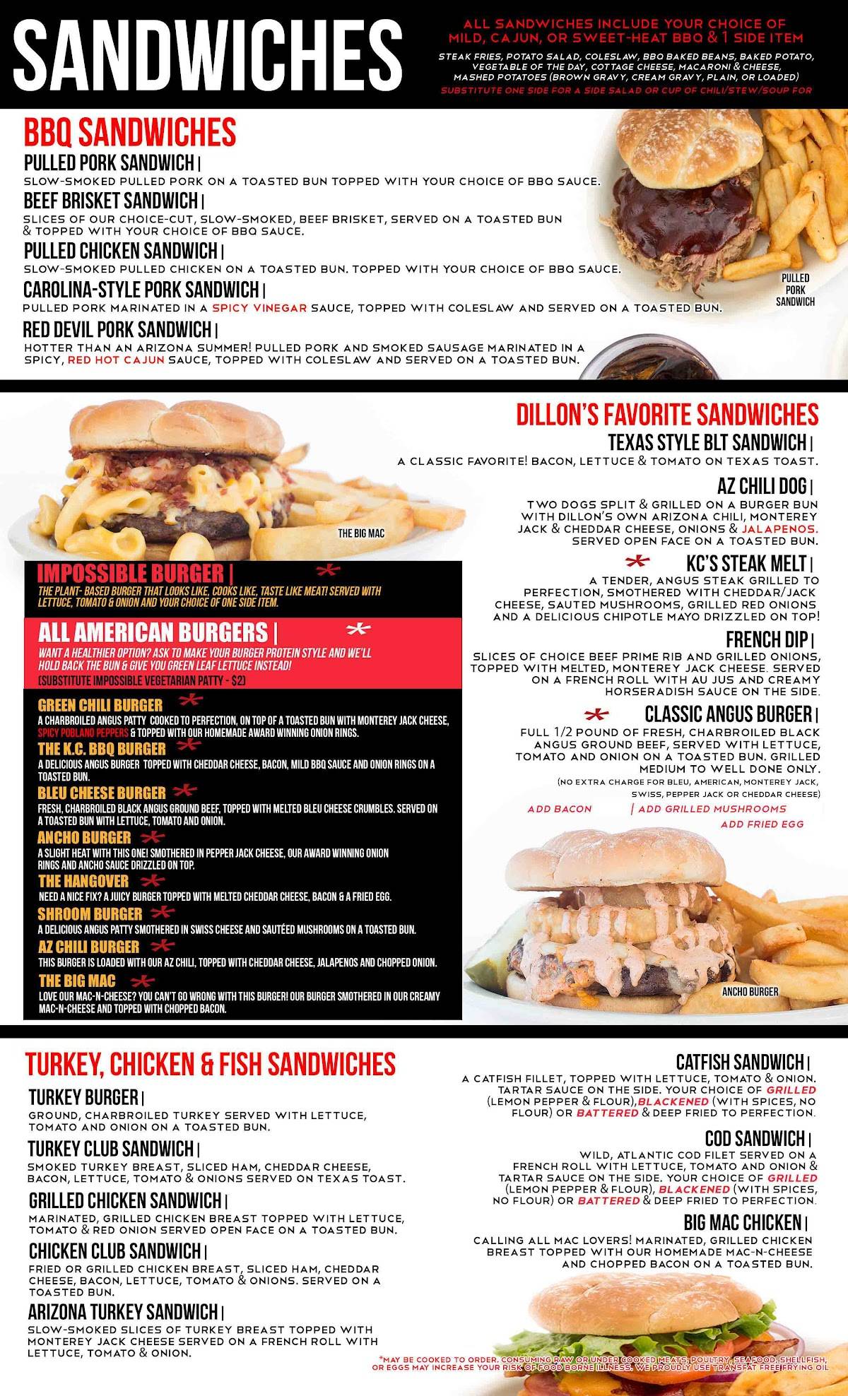 Menu at Dillon's KC BBQ at Wildlife World Zoo, Litchfield Park