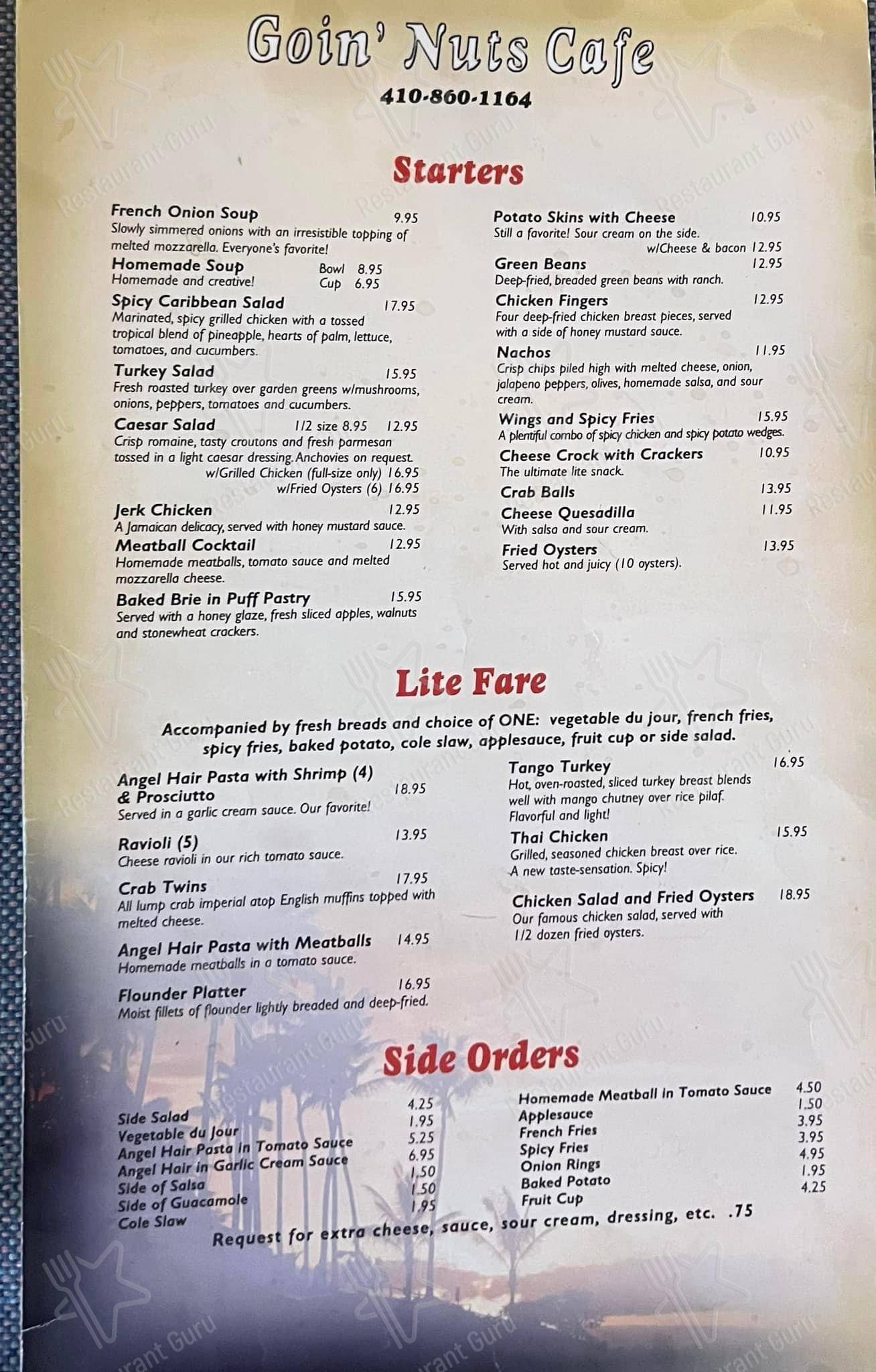 Menu at Goin' Nuts Cafe, Salisbury, 947 Mt Hermon Rd
