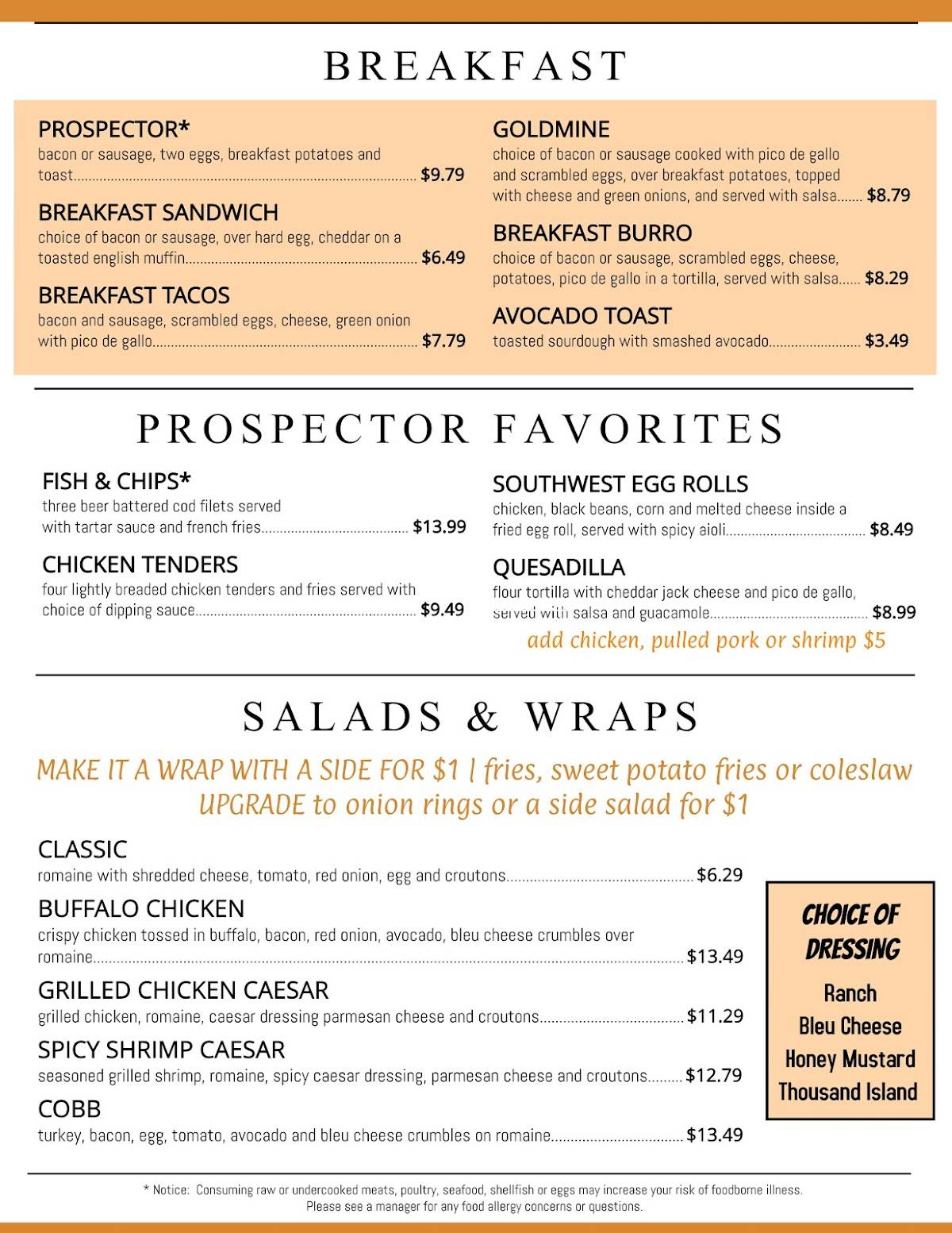 Menu at The Prospector restaurant, Gold Canyon