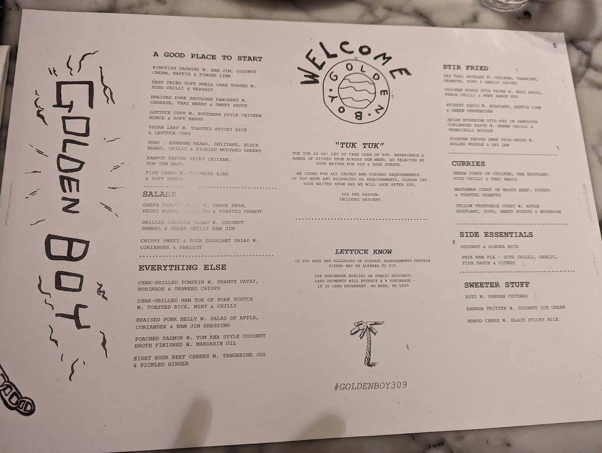 Menu at Golden Boy restaurant, Adelaide