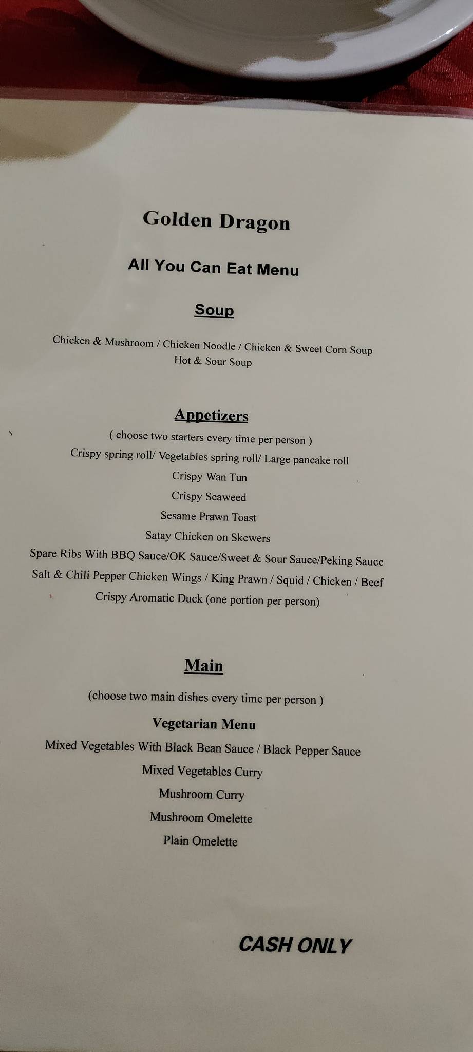 Menu at Golden Dragon restaurant, Filey