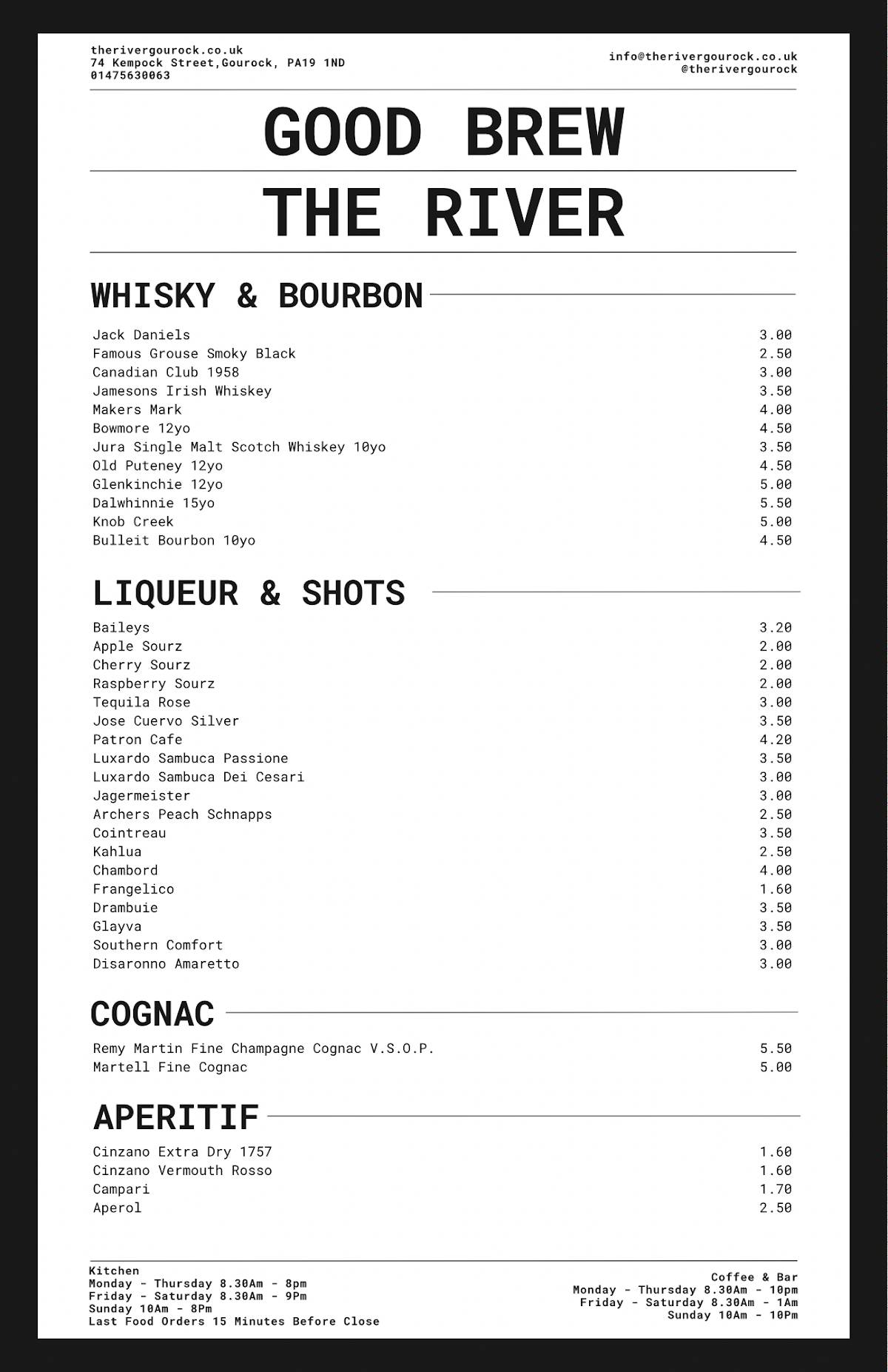 Menu at Good Brew & The River pub & bar, Gourock