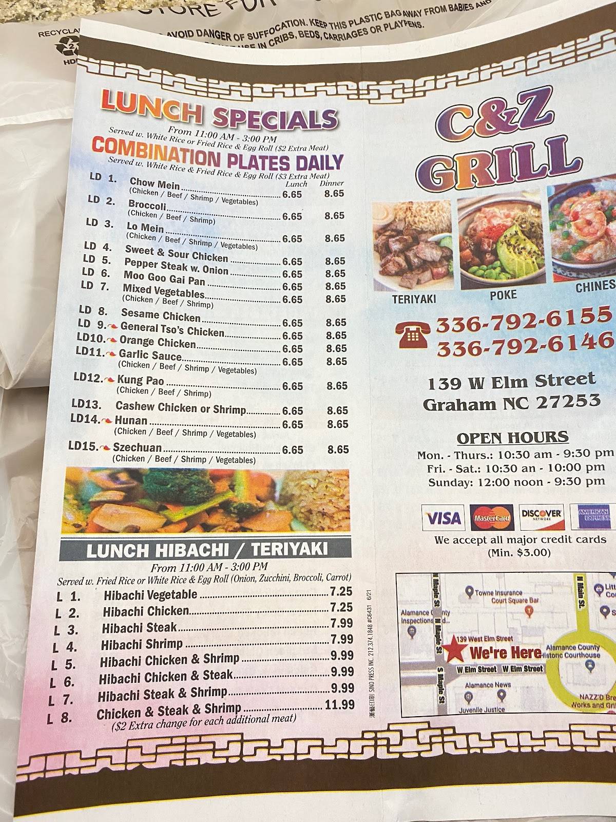 Menu at C & Z Grill restaurant, Graham