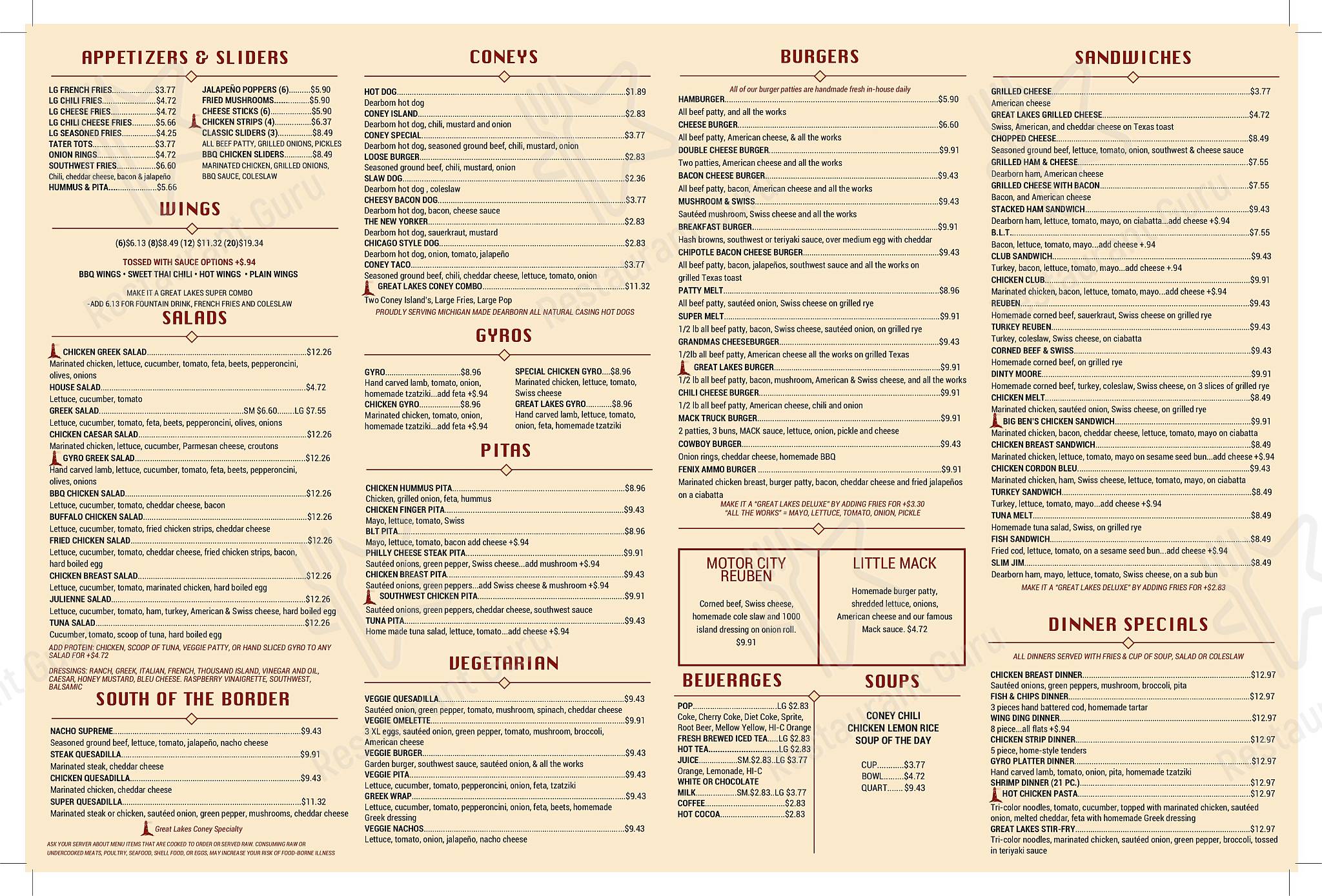 Menu at Great Lakes Coney Island restaurant, Farmington Hills