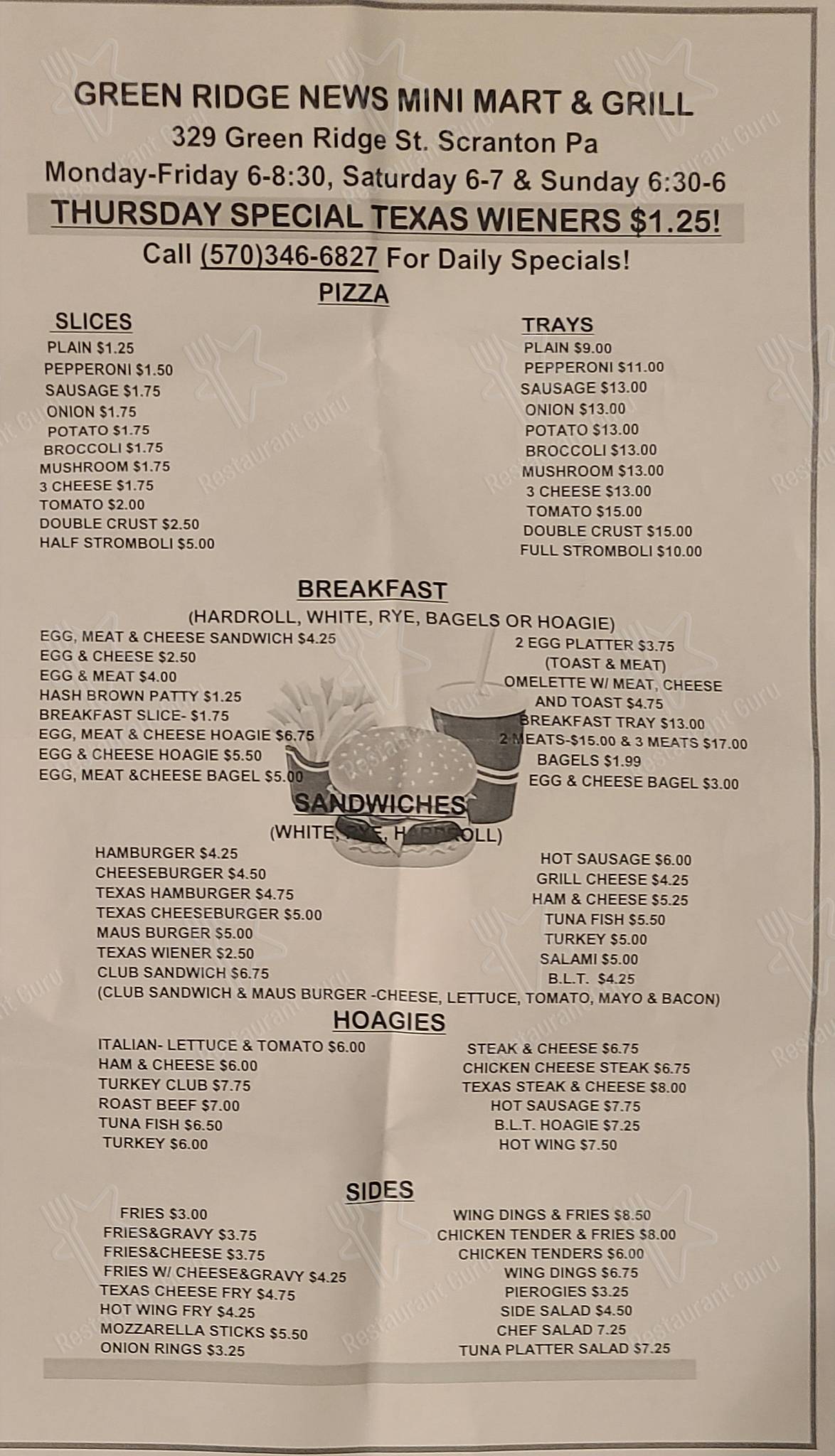 Menu at Green Ridge News cafe, Scranton
