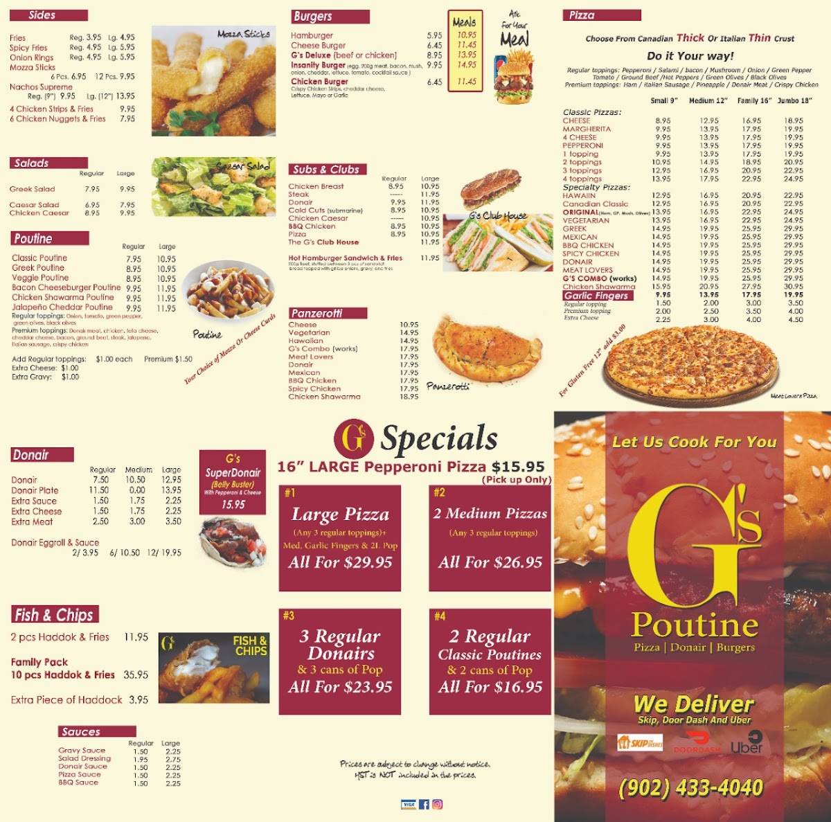 Menu au G's Poutine restaurant, Dartmouth