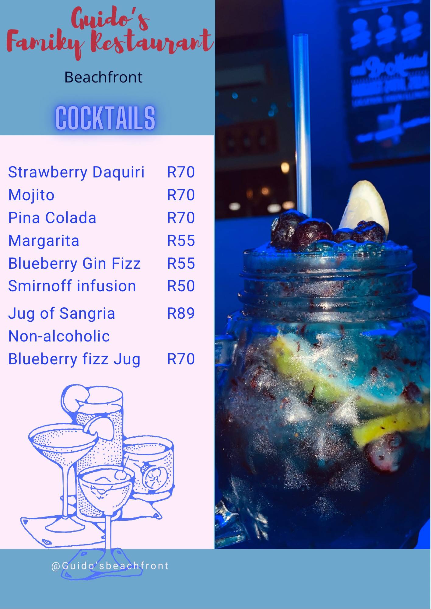 Menu at Guido's Beachfront restaurant, East London