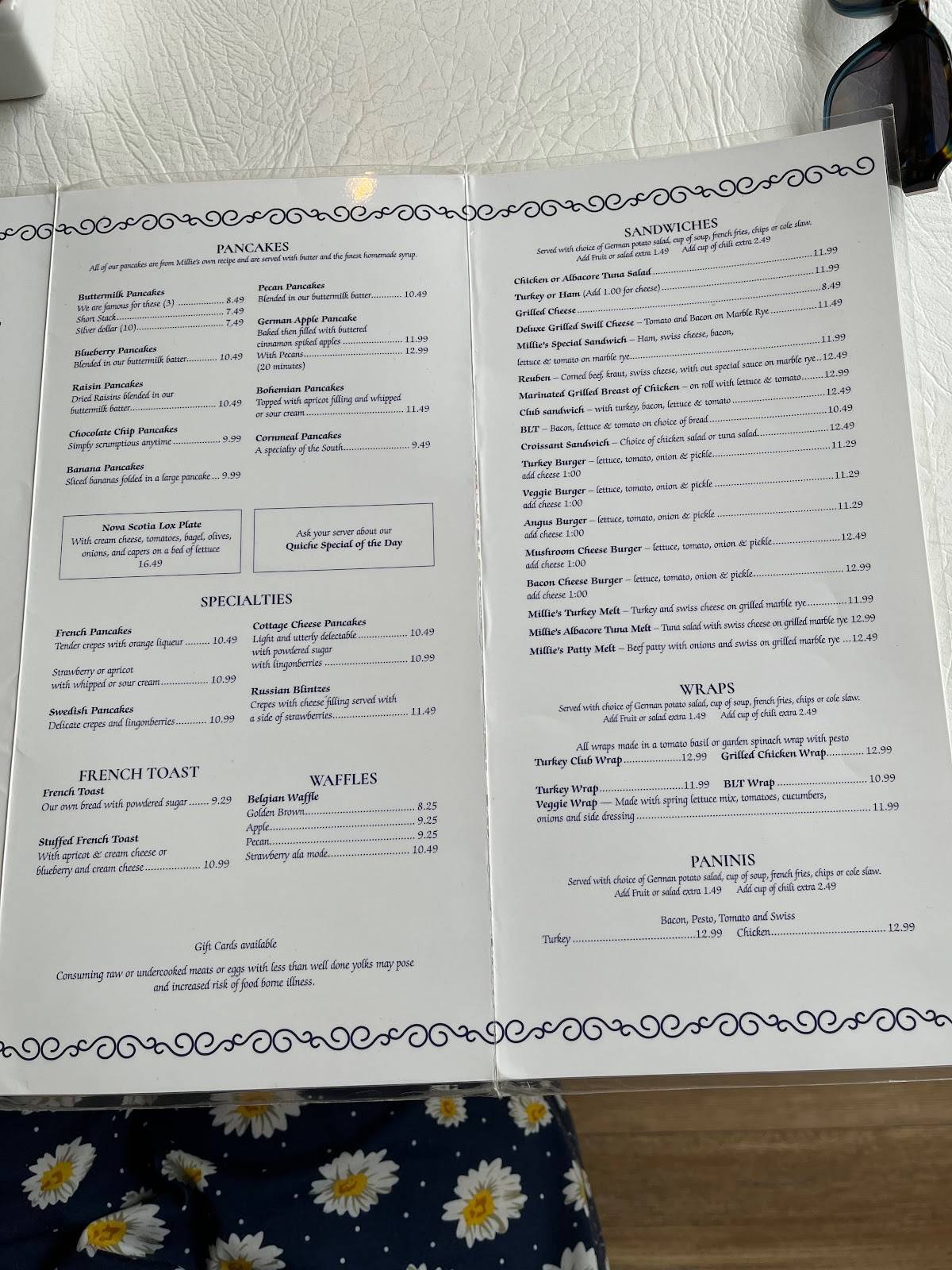 Menu at Millie's fast food, Sarasota