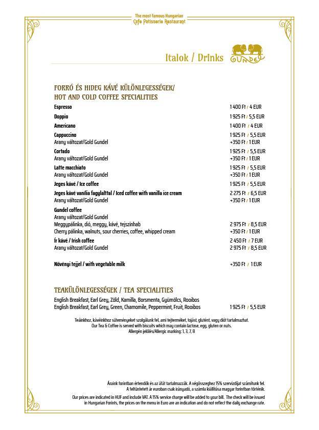 Menu at Gundel Cafe Patisserie Restaurant, Budapest