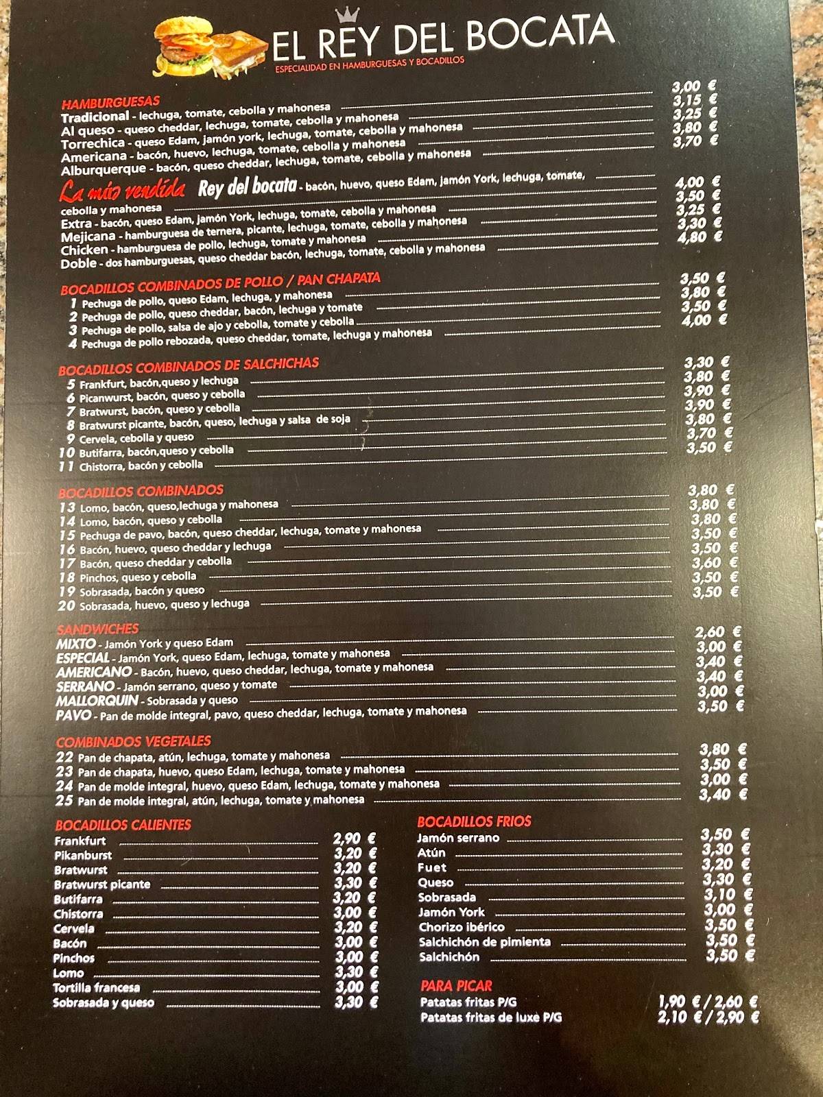 Carta del restaurante Hamburguesería El Rey del Bocata, Barcelona