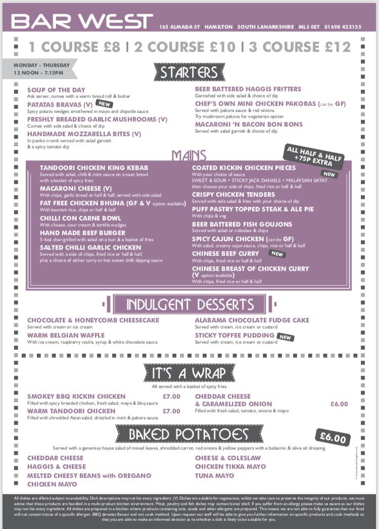 Menu at Bar West, Hamilton