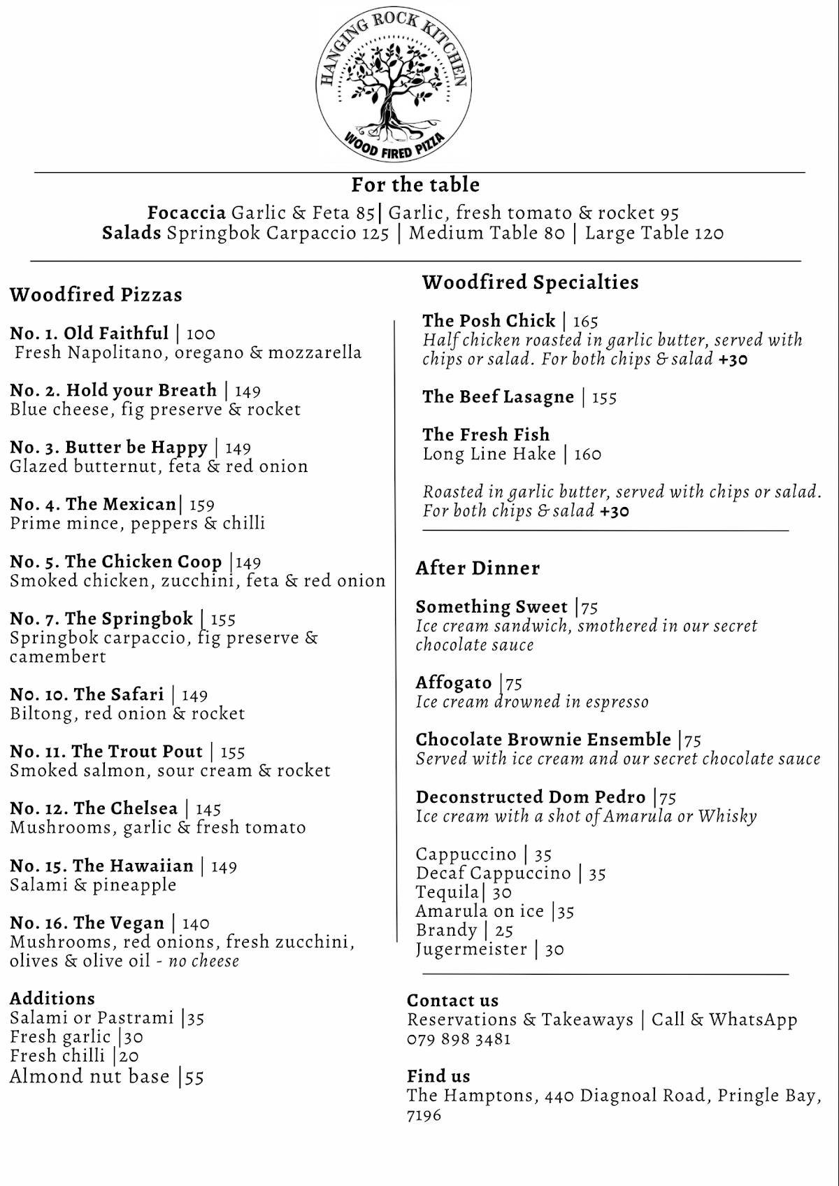 Menu at Hanging Rock Kitchen restaurant, Pringle Bay