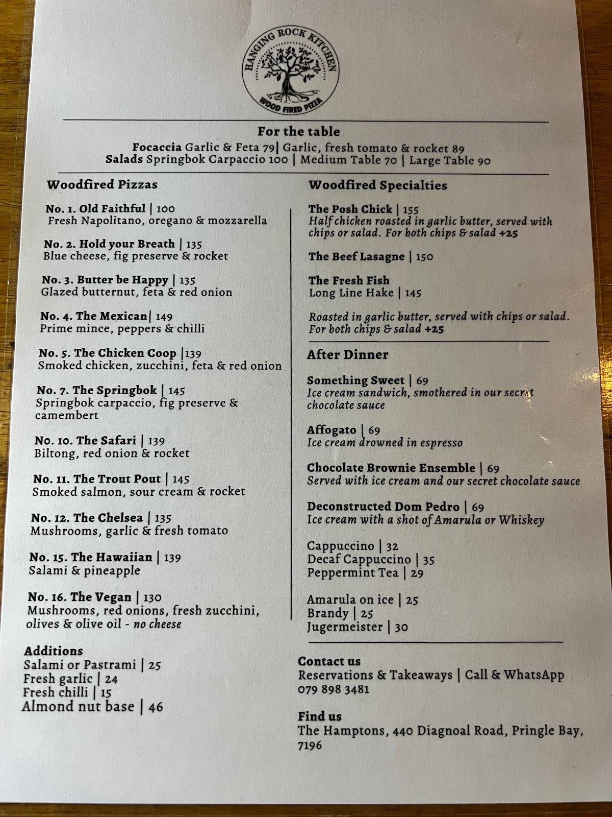 Menu at Hanging Rock Kitchen restaurant, Pringle Bay