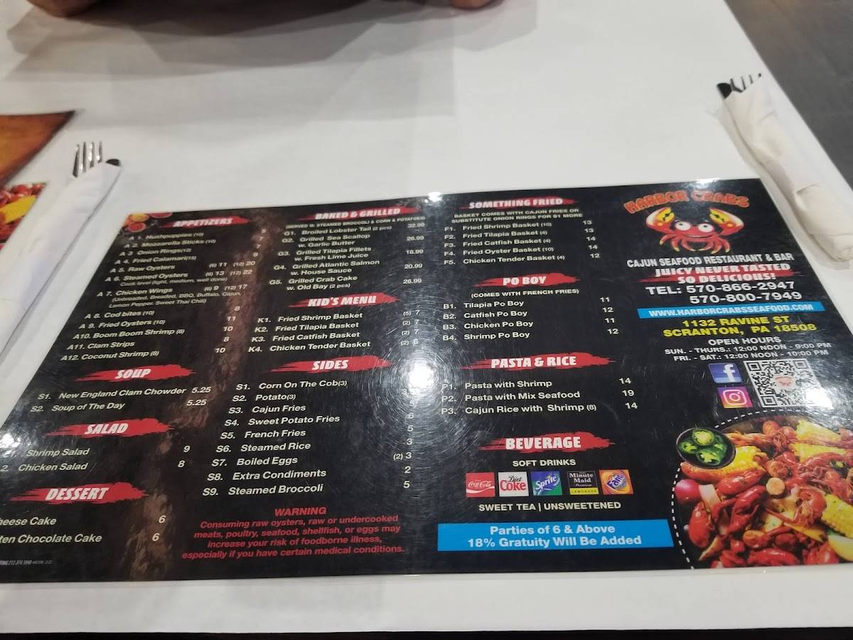 Menu at Harbor Crabs restaurant, Dickson City, 1132 Ravine St