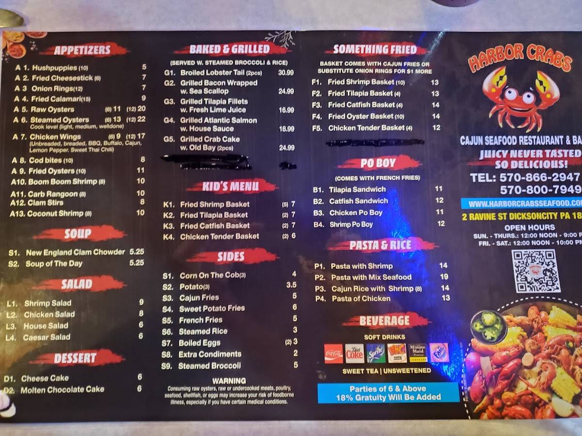 Menu at Harbor Crabs restaurant, Dickson City, 1132 Ravine St