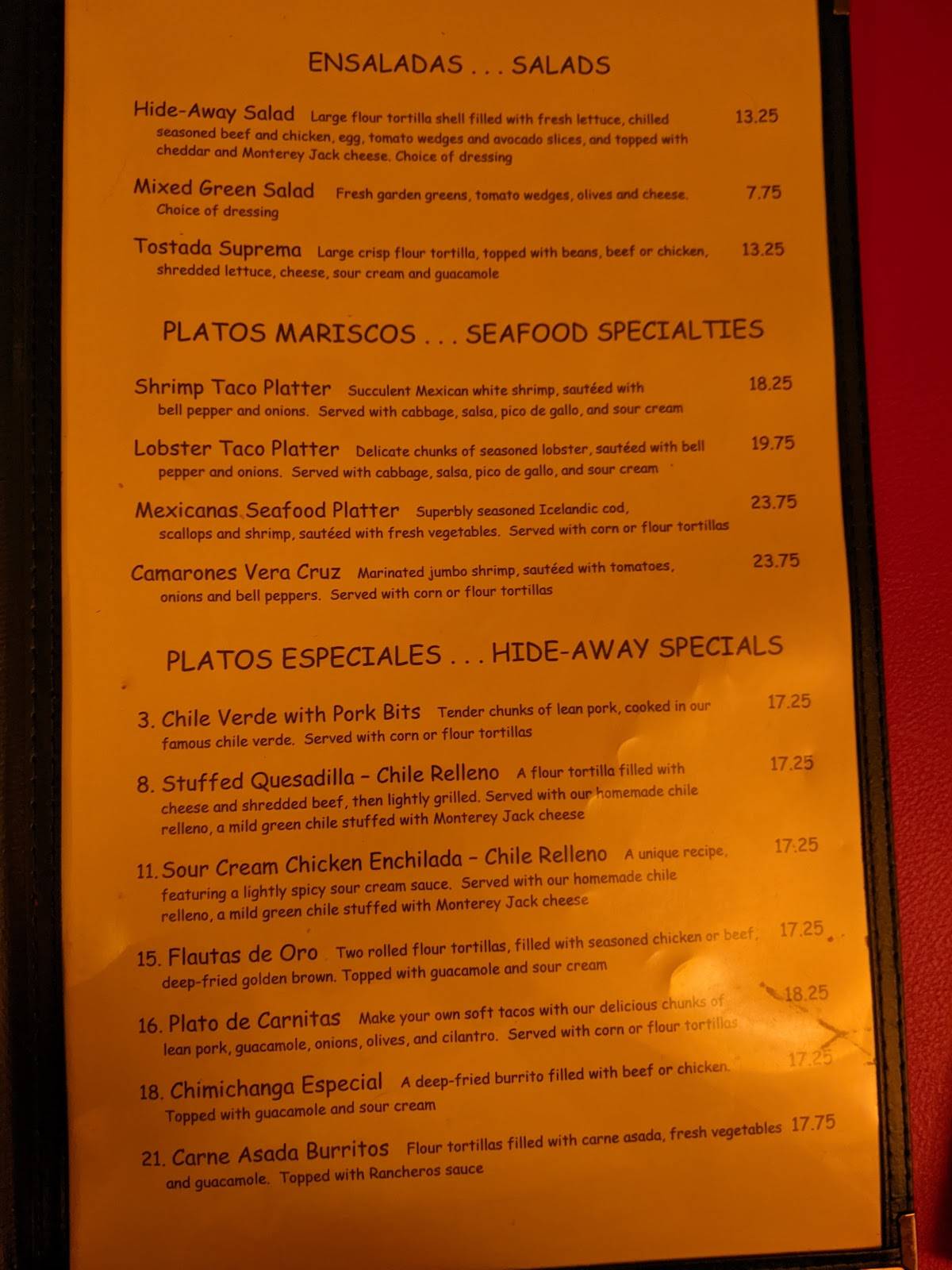 Menu at Hernandez Hideaway Restaurant, Escondido