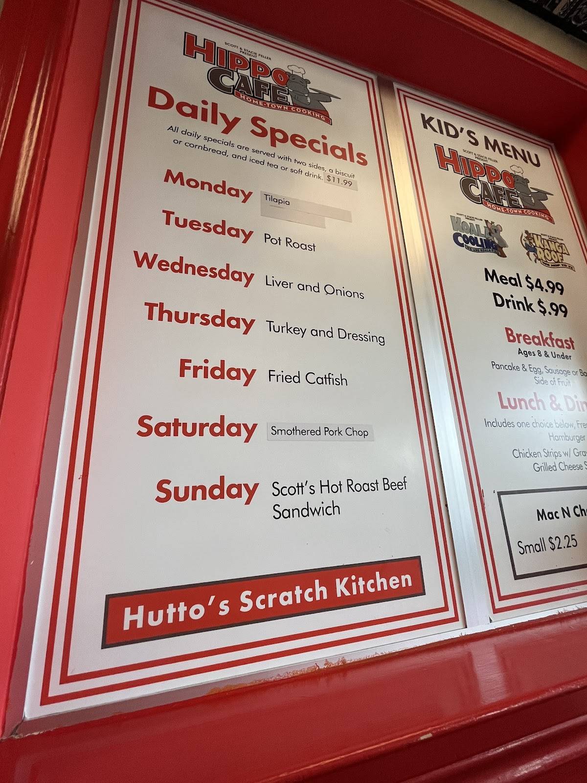 Menu at Hippo Café restaurant, Hutto