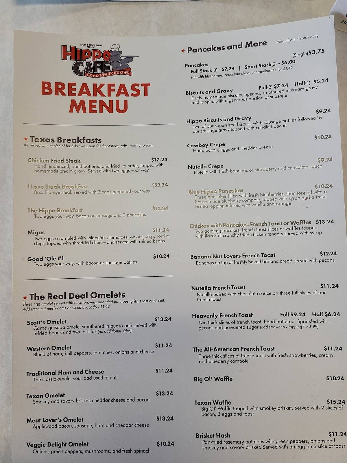 Menu at Hippo Café restaurant, Hutto