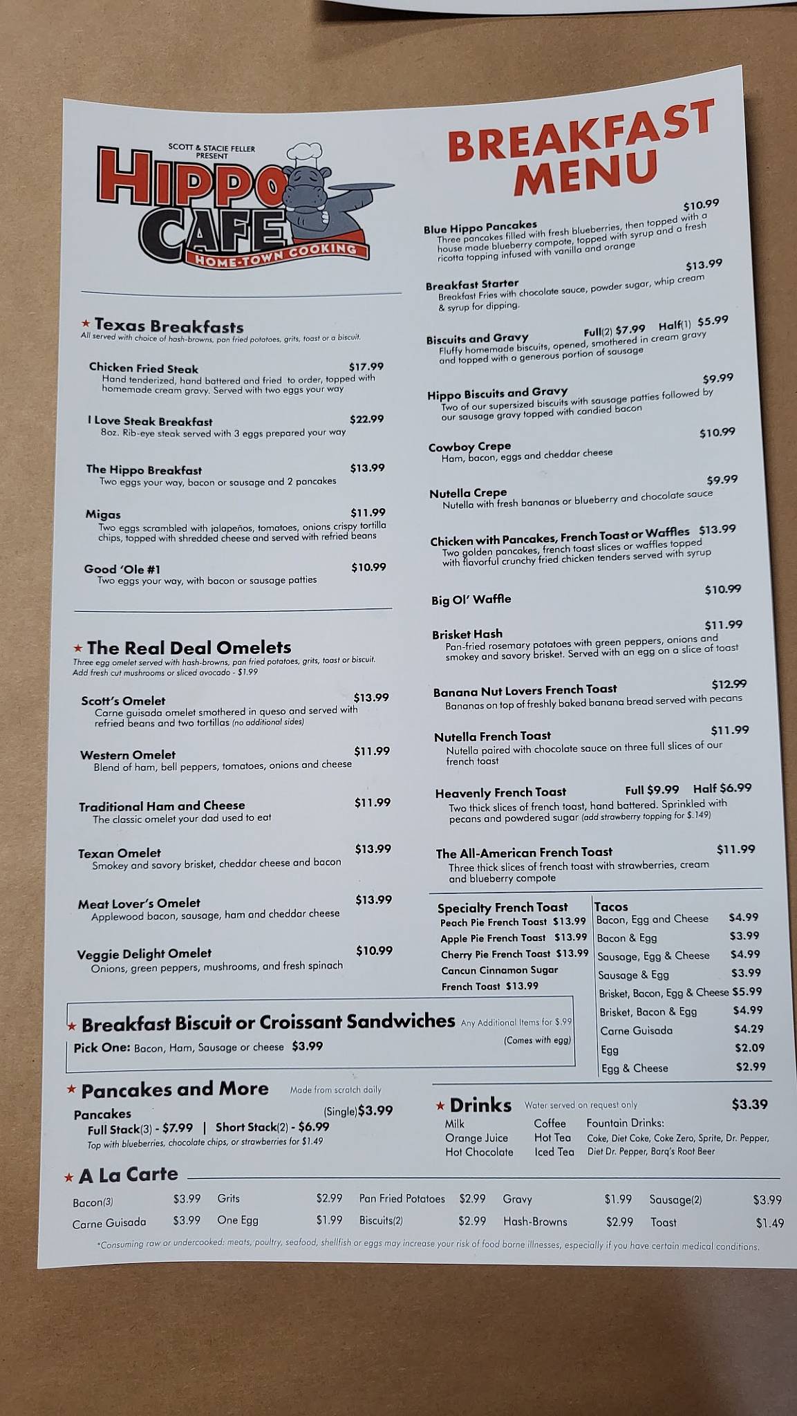 Menu at Hippo Café restaurant, Hutto
