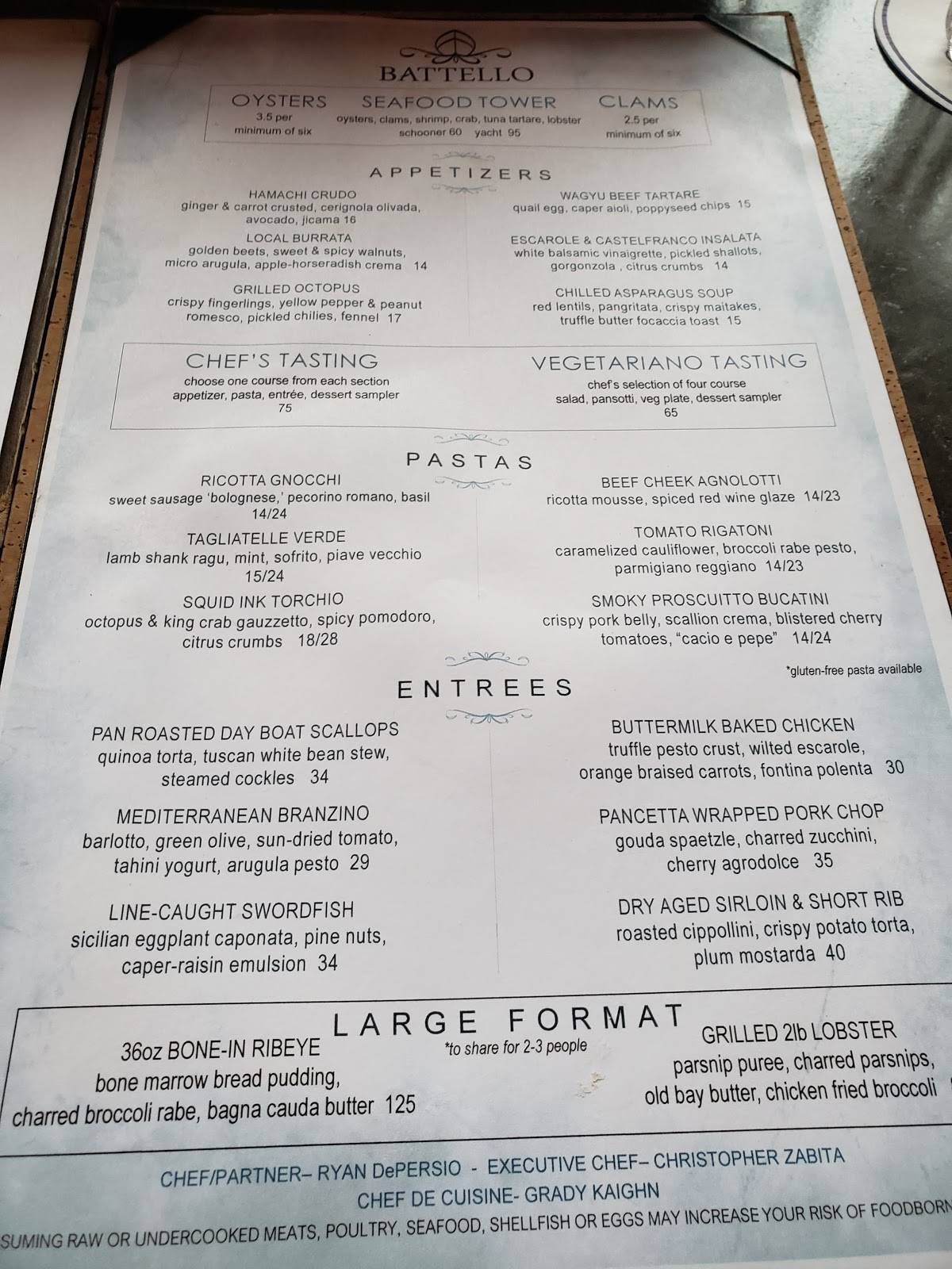 Menu at Battello restaurant, Jersey City