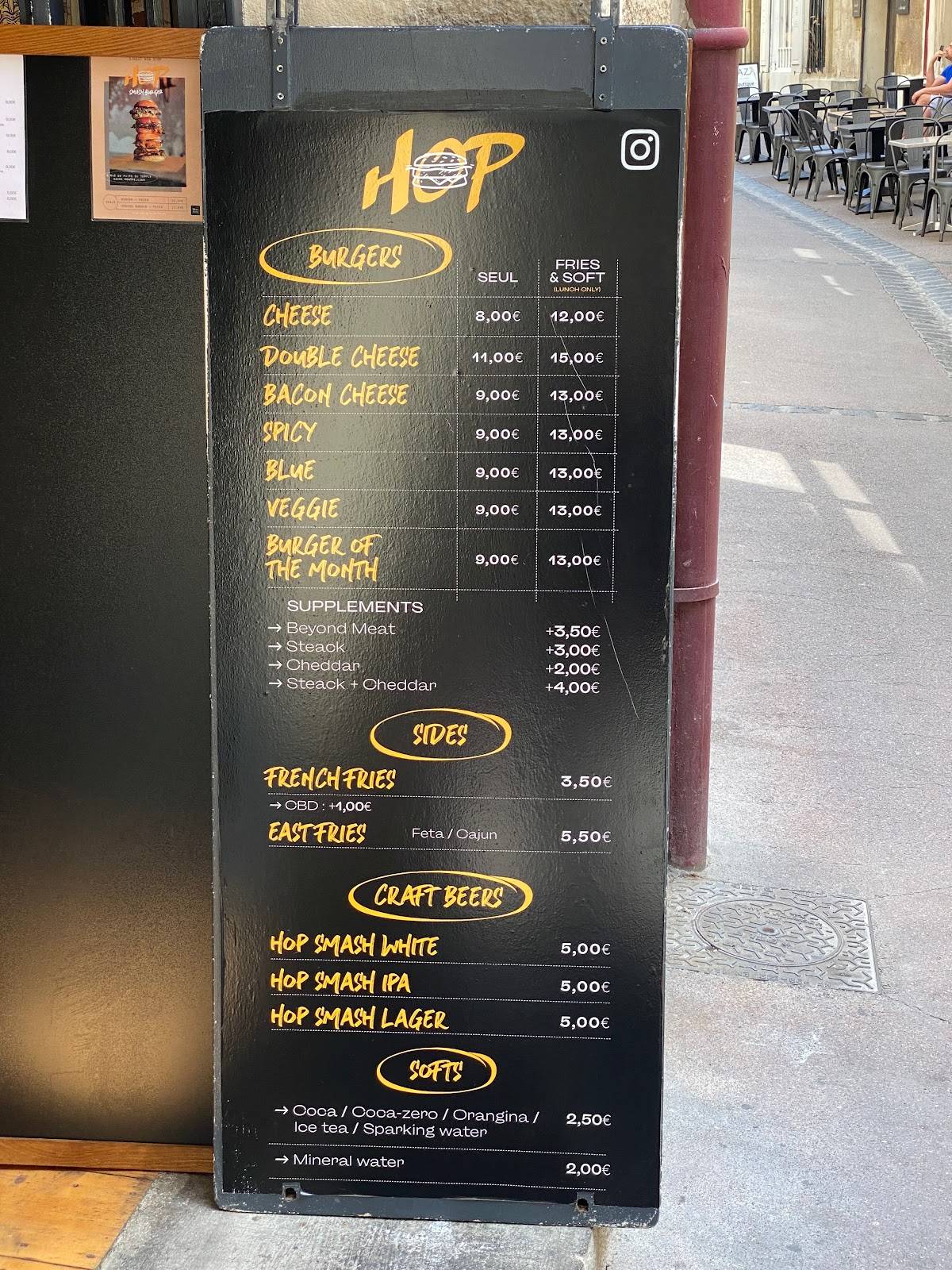 Menu au Hop Smash Burger restaurant, Montpellier