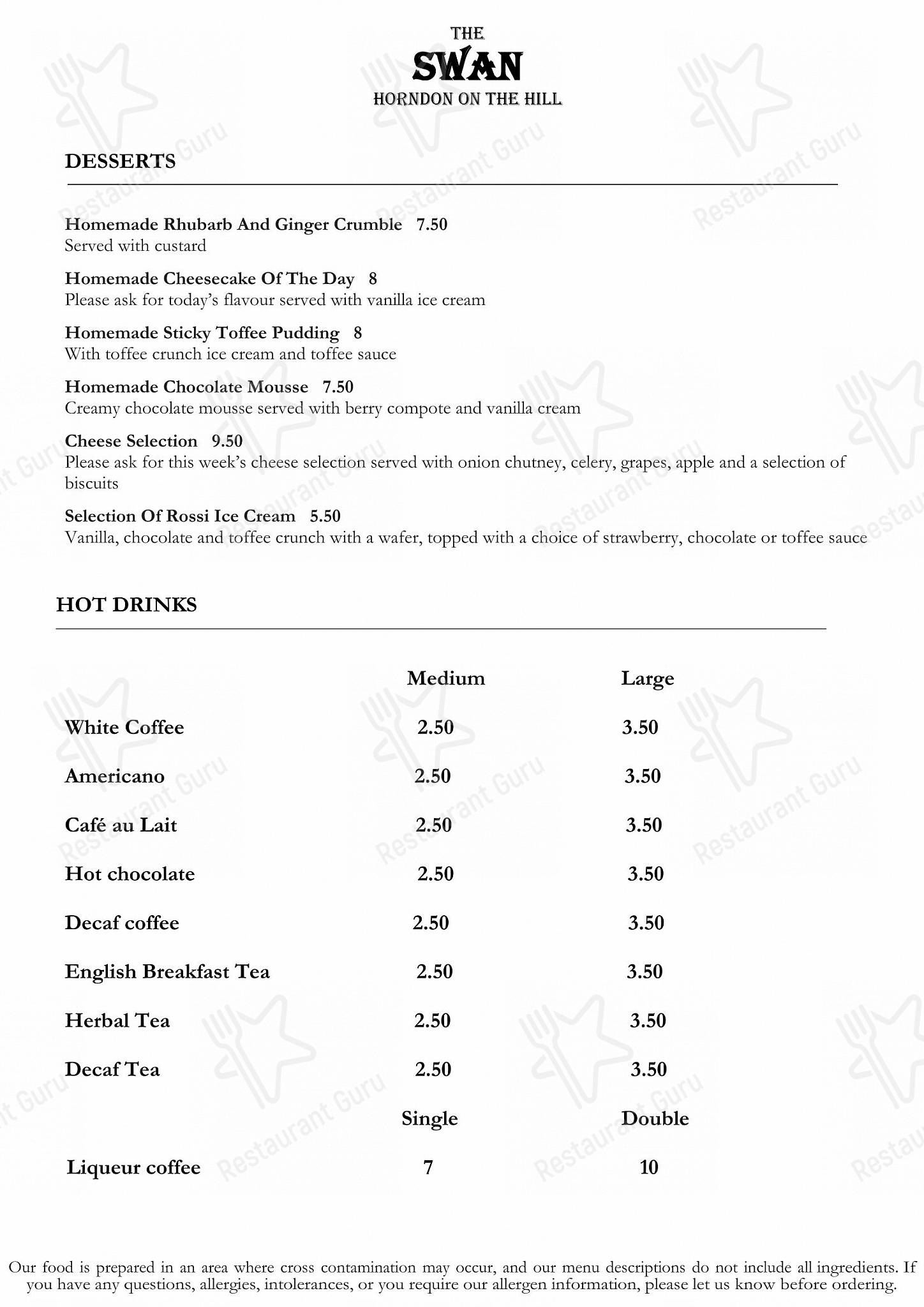 Menu at The Swan Bar and Restaurant, Horndon on the Hill, 121 High Road