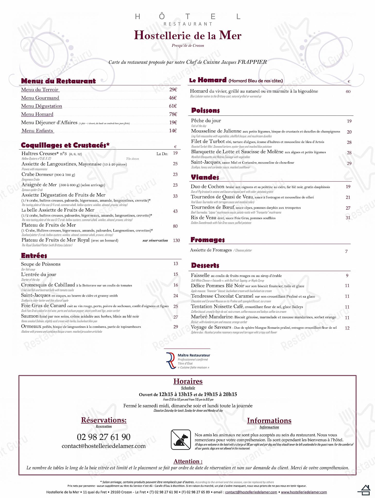 Menu au Hostellerie De La Mer restaurant, Crozon