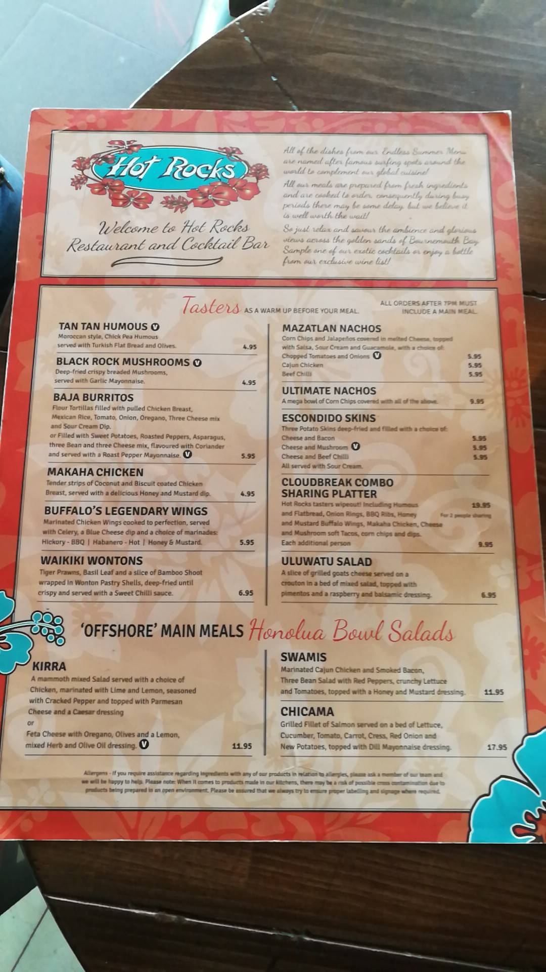 Menu at Hot Rocks restaurant, Bournemouth