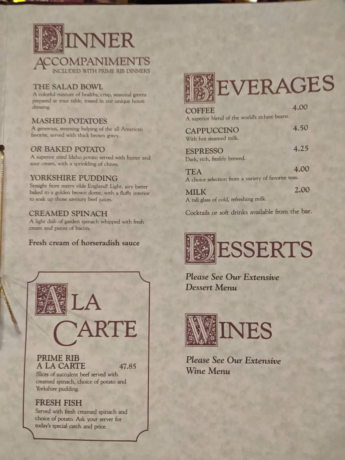 Menu at House of Prime Rib pub & bar, San Francisco
