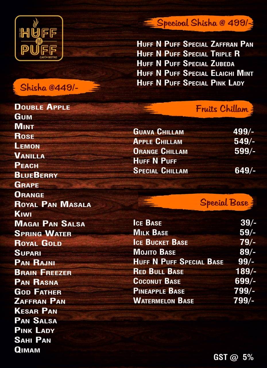 Menu at Huff N Puff, Kolkata