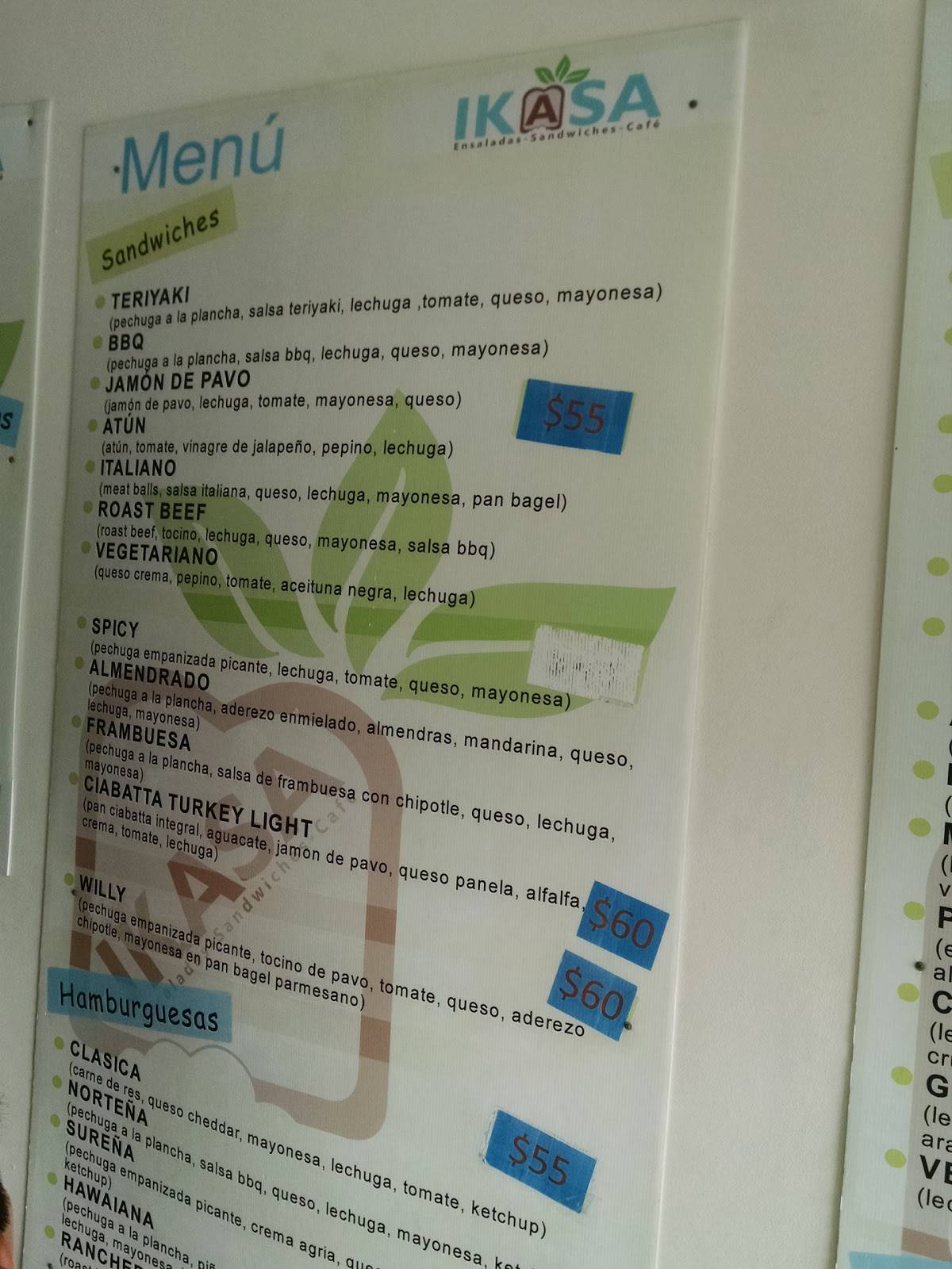 Menu at IKASA Café, Tijuana, Av. José López Portillo Pte. 1460