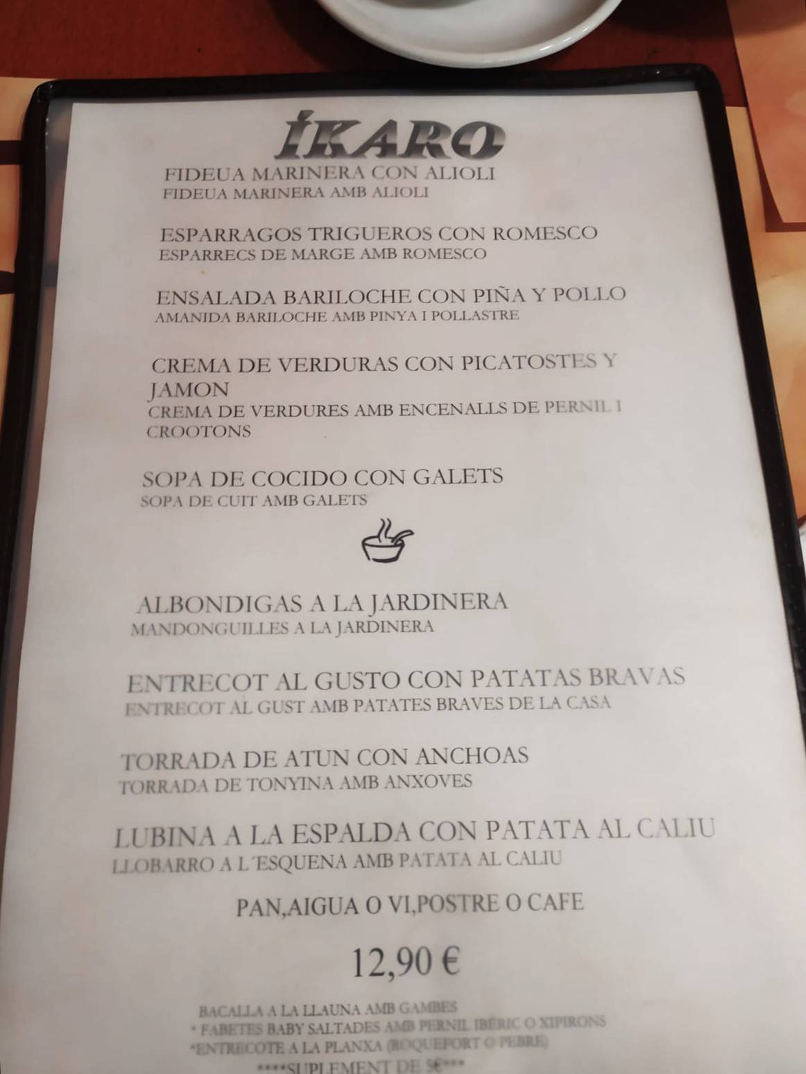 Menu at Ikaro pub & bar, Barcelona, Passeig de Verdum