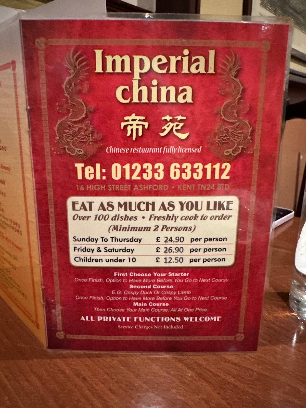 Menu at Imperial China restaurant, Ashford