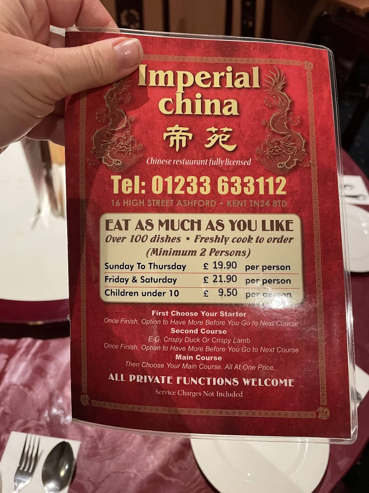 Menu at Imperial China restaurant, Ashford