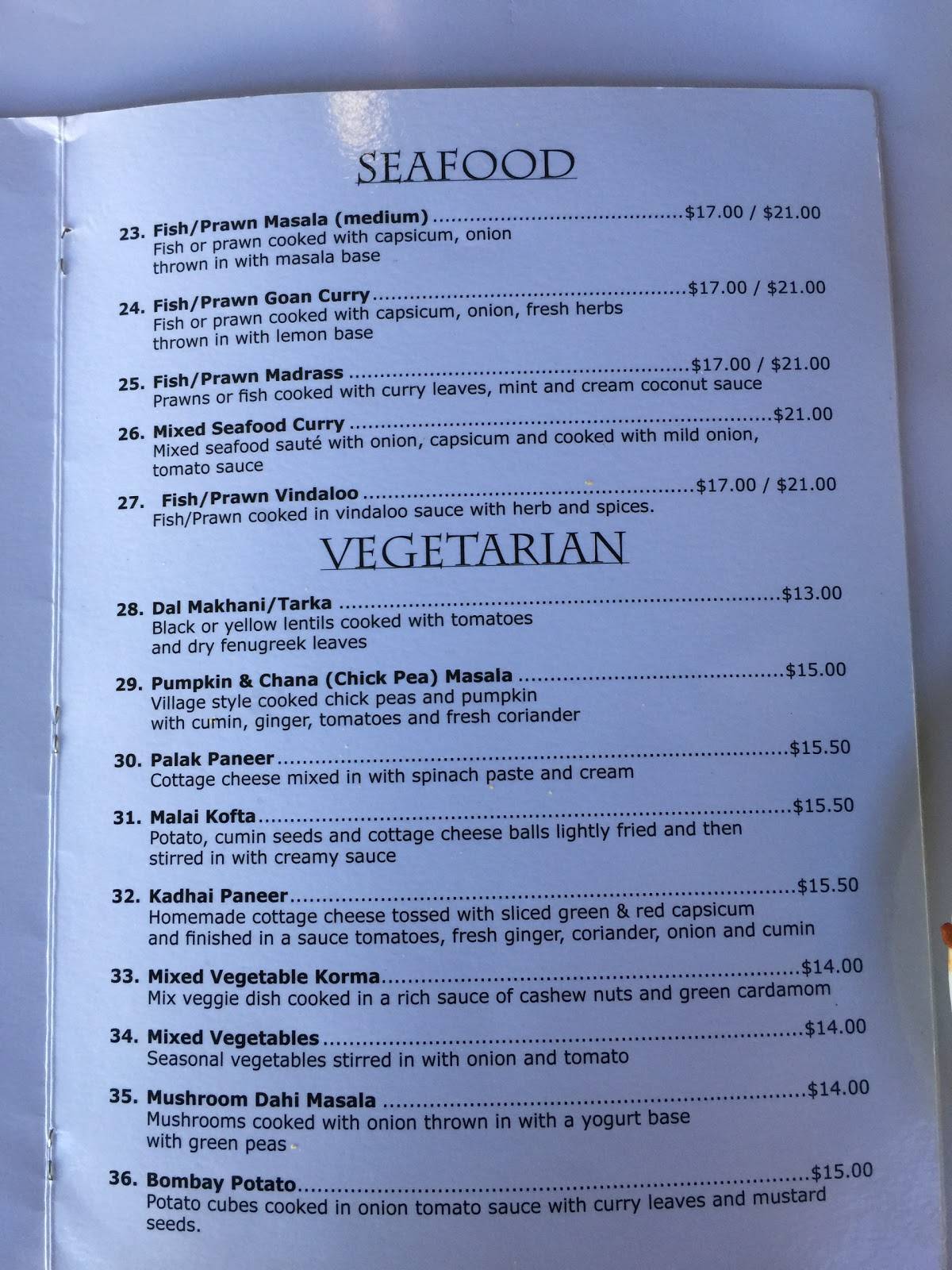 Menu at Indian Corner at Wilson restaurant, Burnie